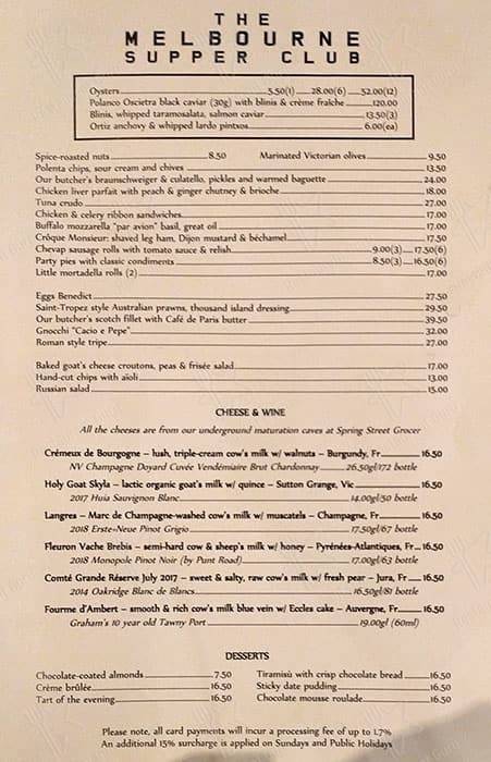Menu at The Melbourne Supper Club, Melbourne