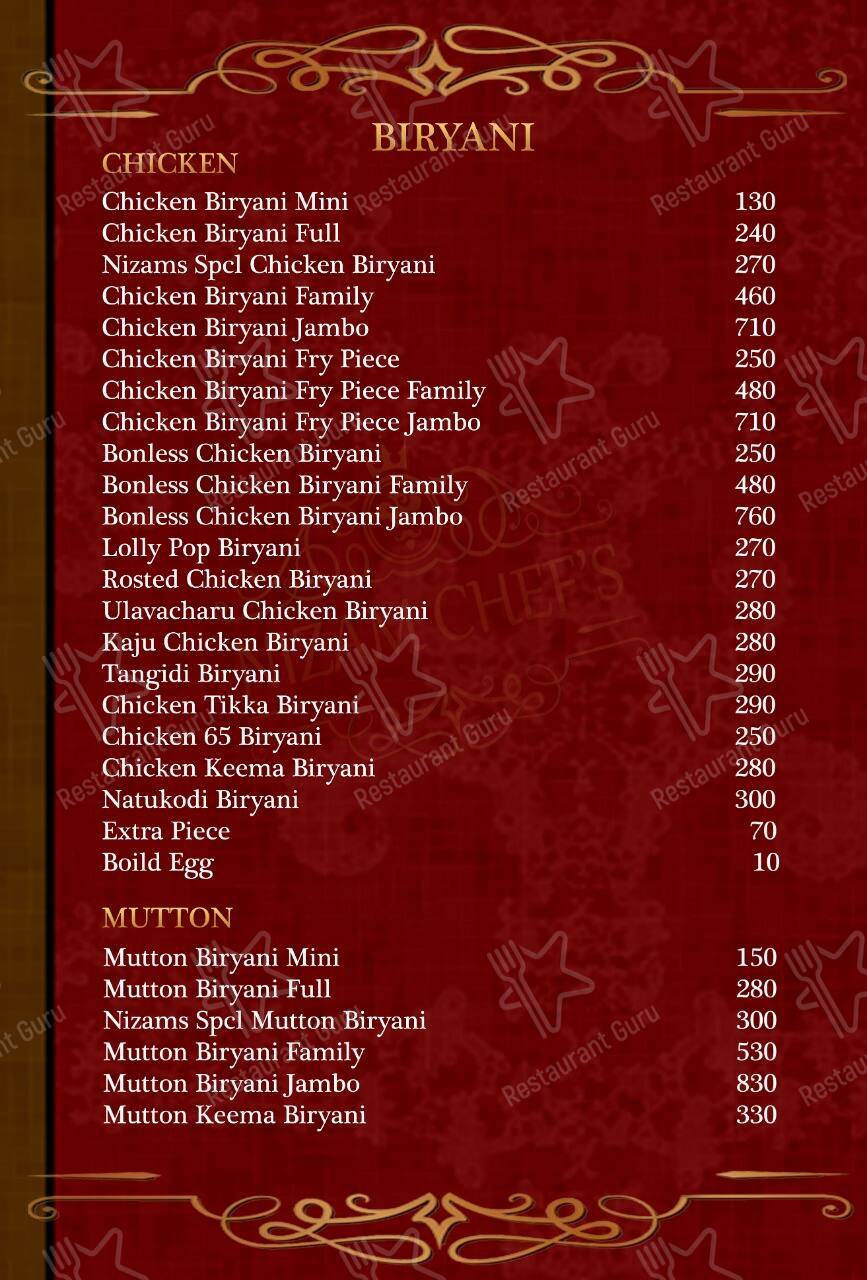 Menu at Nizam Chefs, Hyderabad, 44/A