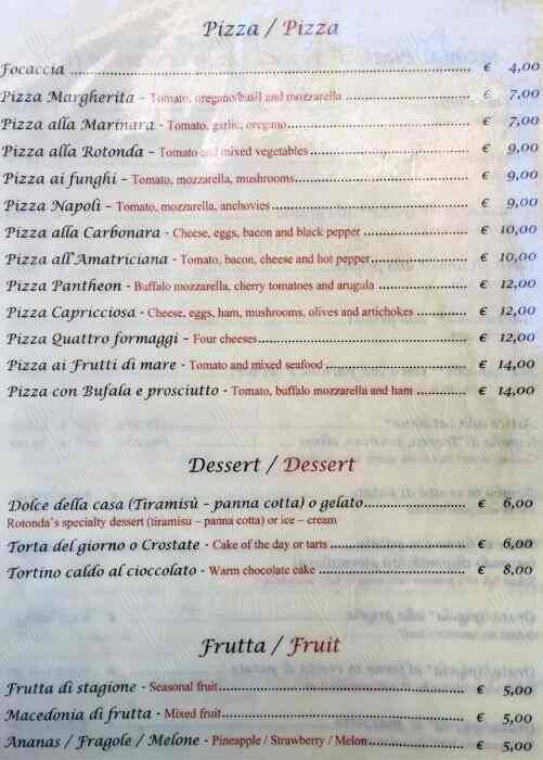 Menu at Rotonda Restaurant Trattoria, Rome