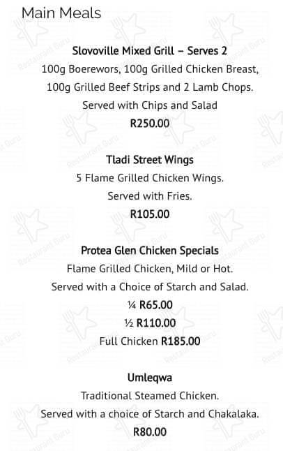 Menu at Sakhumzi Restaurant, Soweto