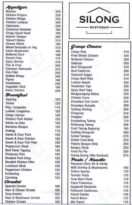 Menu at Silong Restobar, Manila, Ma. Orosa St
