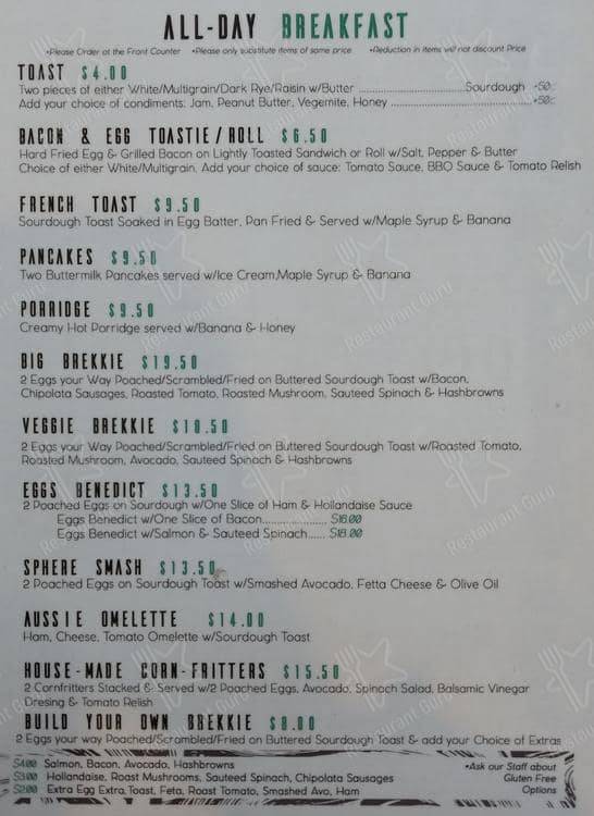 Menu at Sphere Cafe, Mount Waverley