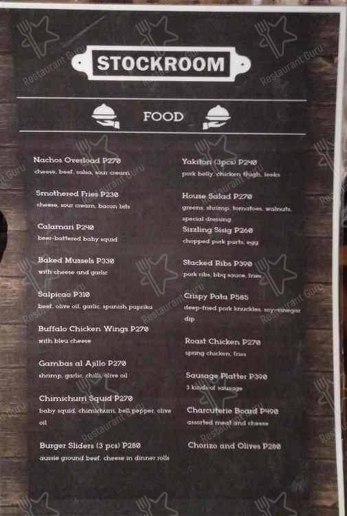 Menu at StockroomQC pub & bar, Quezon City