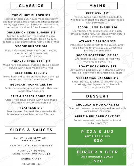 Menu at The Cumby restaurant, Adelaide, 205 Waymouth St