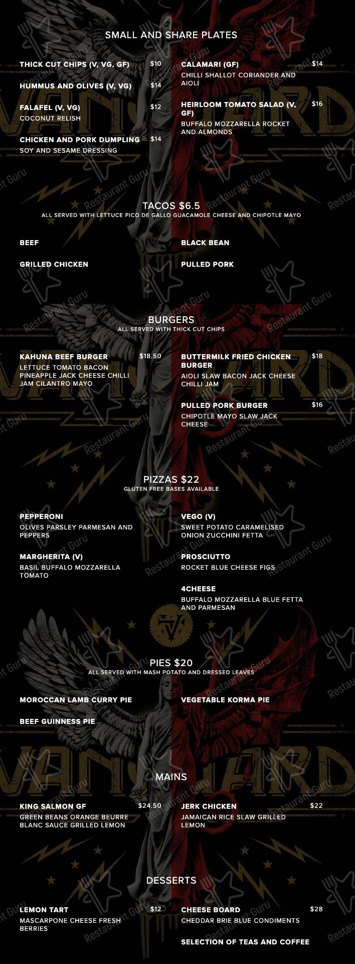 Menu at The Vanguard restaurant, Newtown, 42 King St
