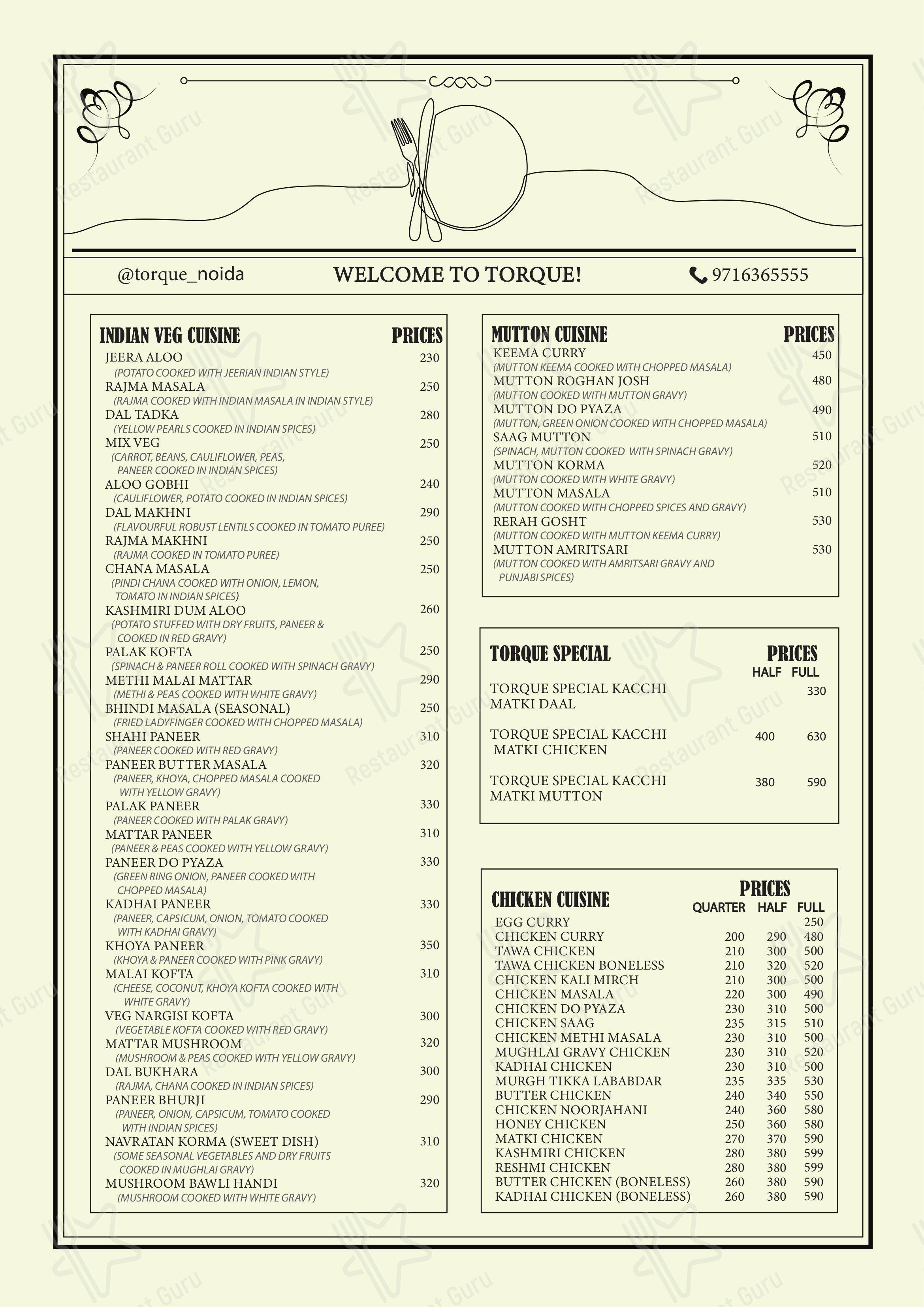 Menu at Torque, Noida, Punjabi Association Noida RE-1C