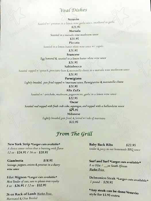 Menu at Zaza’s Steakhouse and Italian Eatery, Ingleside