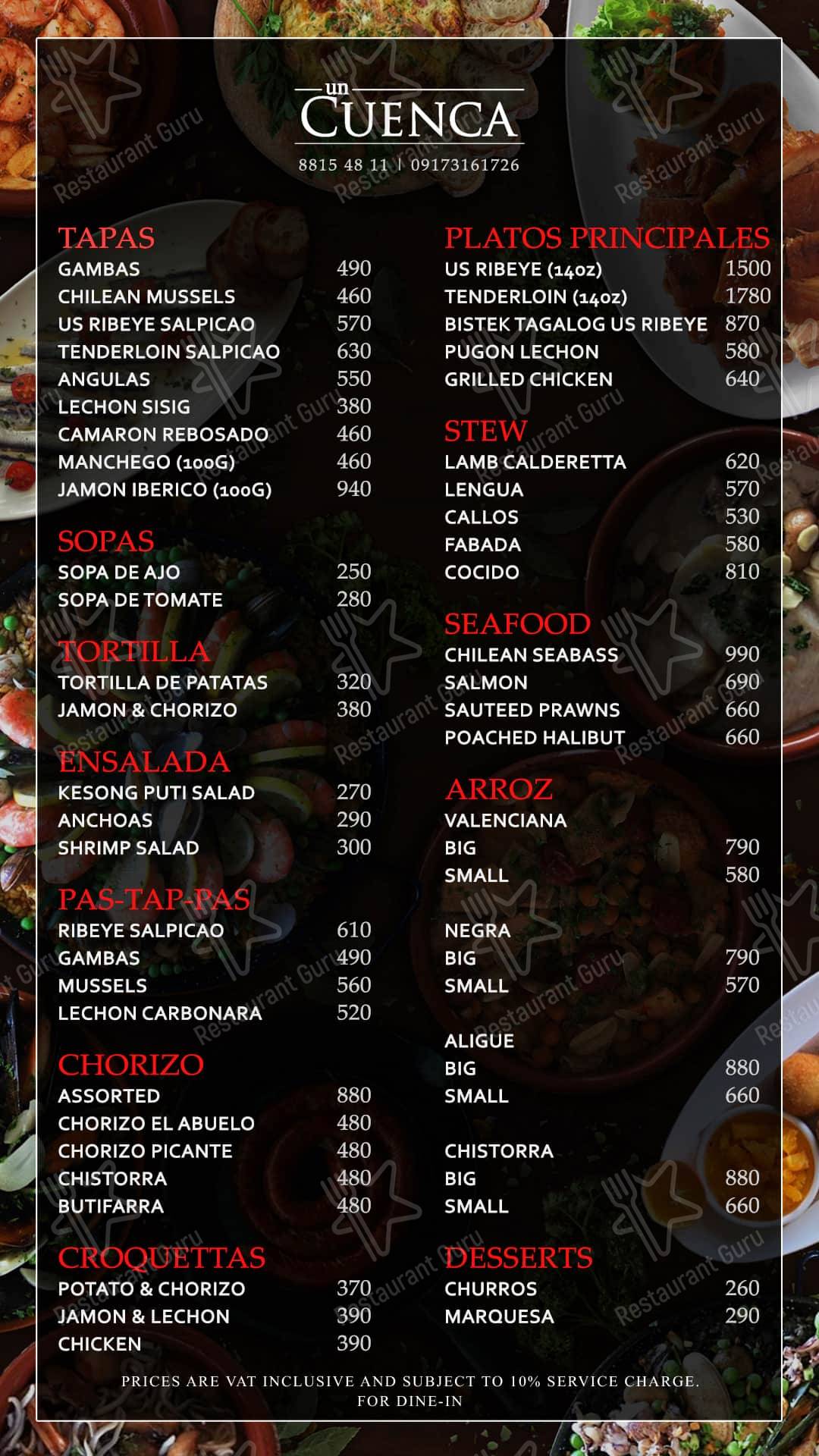 Menu at Un Cuenca Restaurant, Muntinlupa