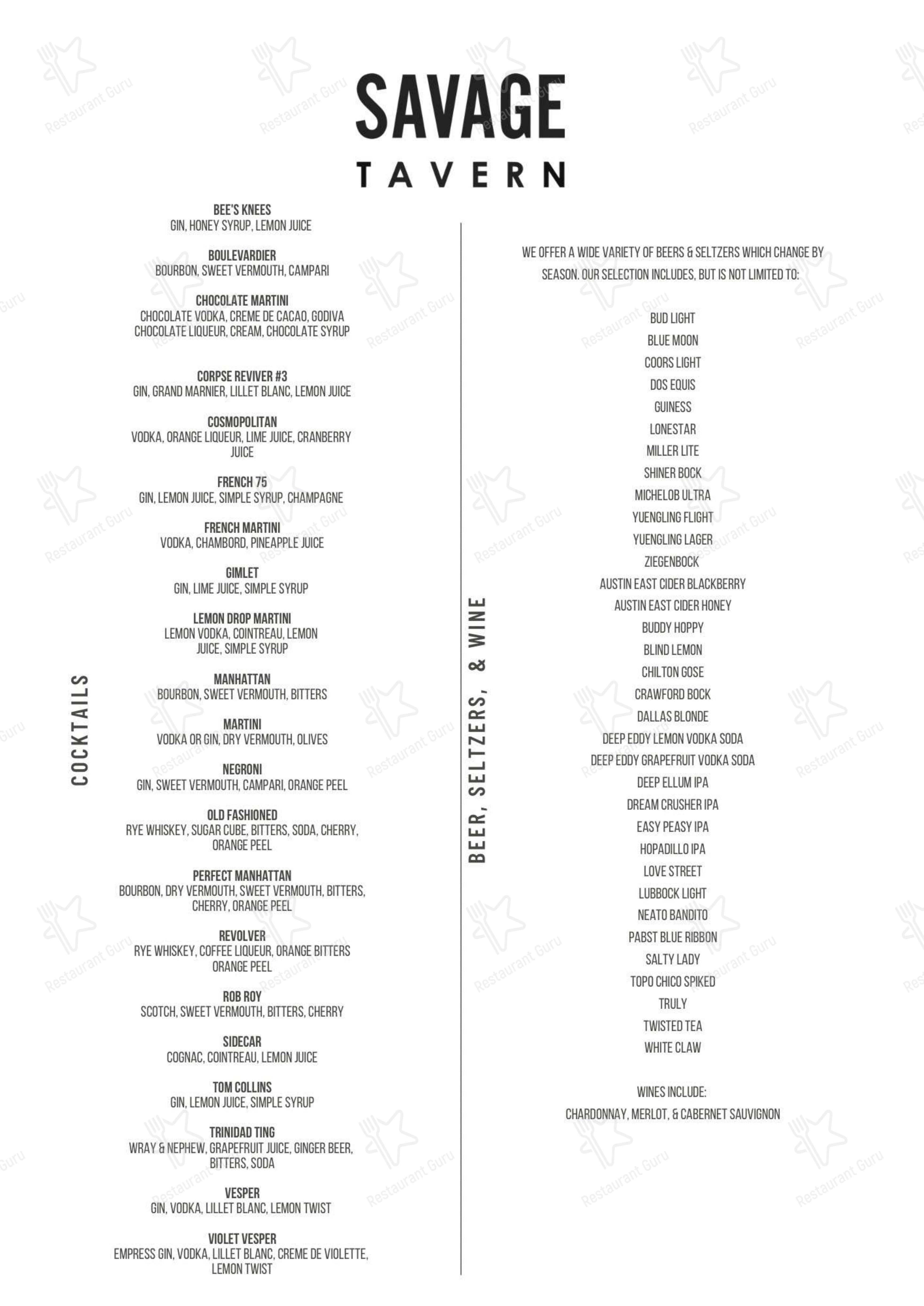 Menu at Savage Tavern pub & bar, Lubbock