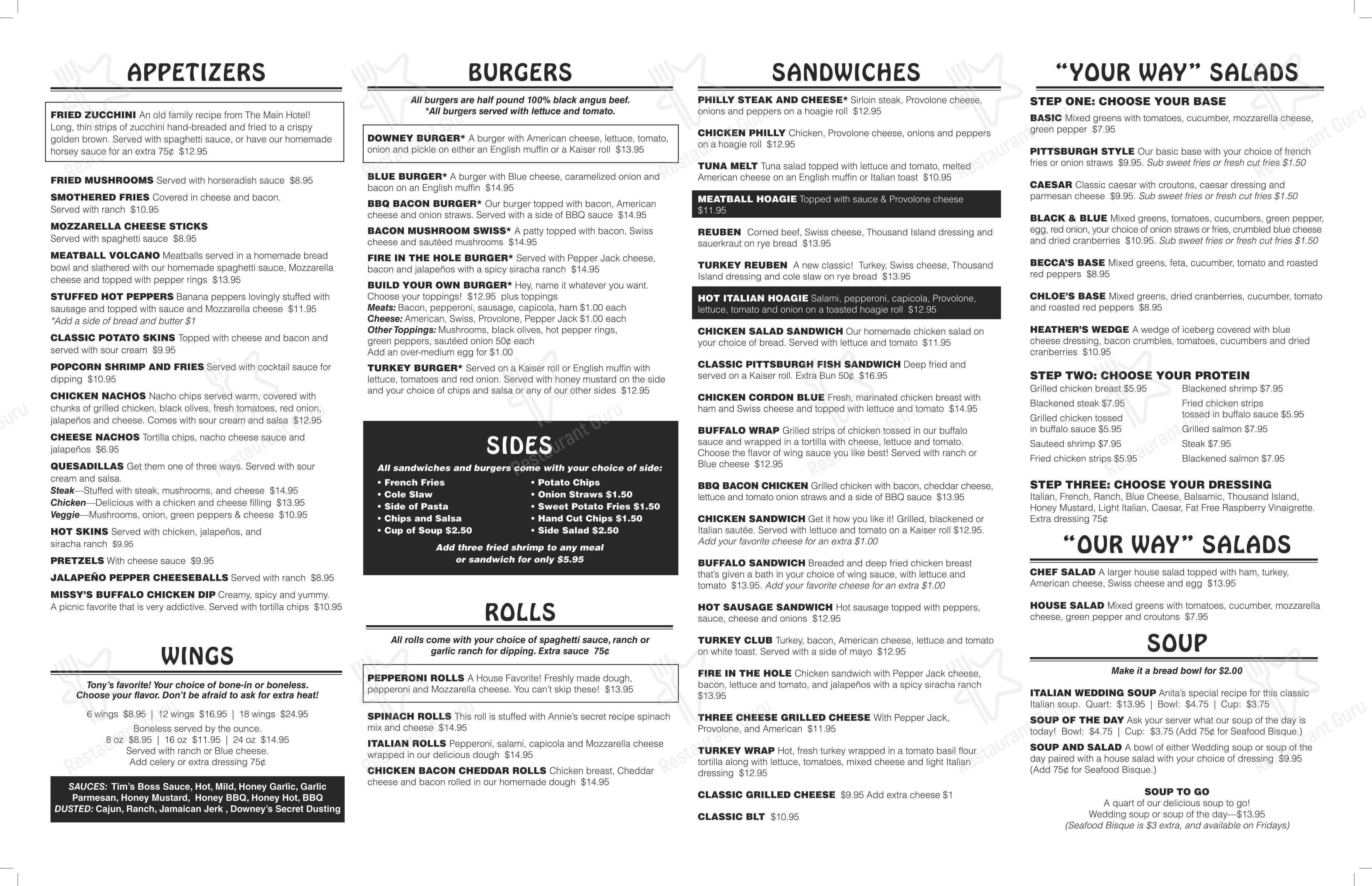 Menu at Downey's House restaurant, Robinson Township, Steubenville Pike