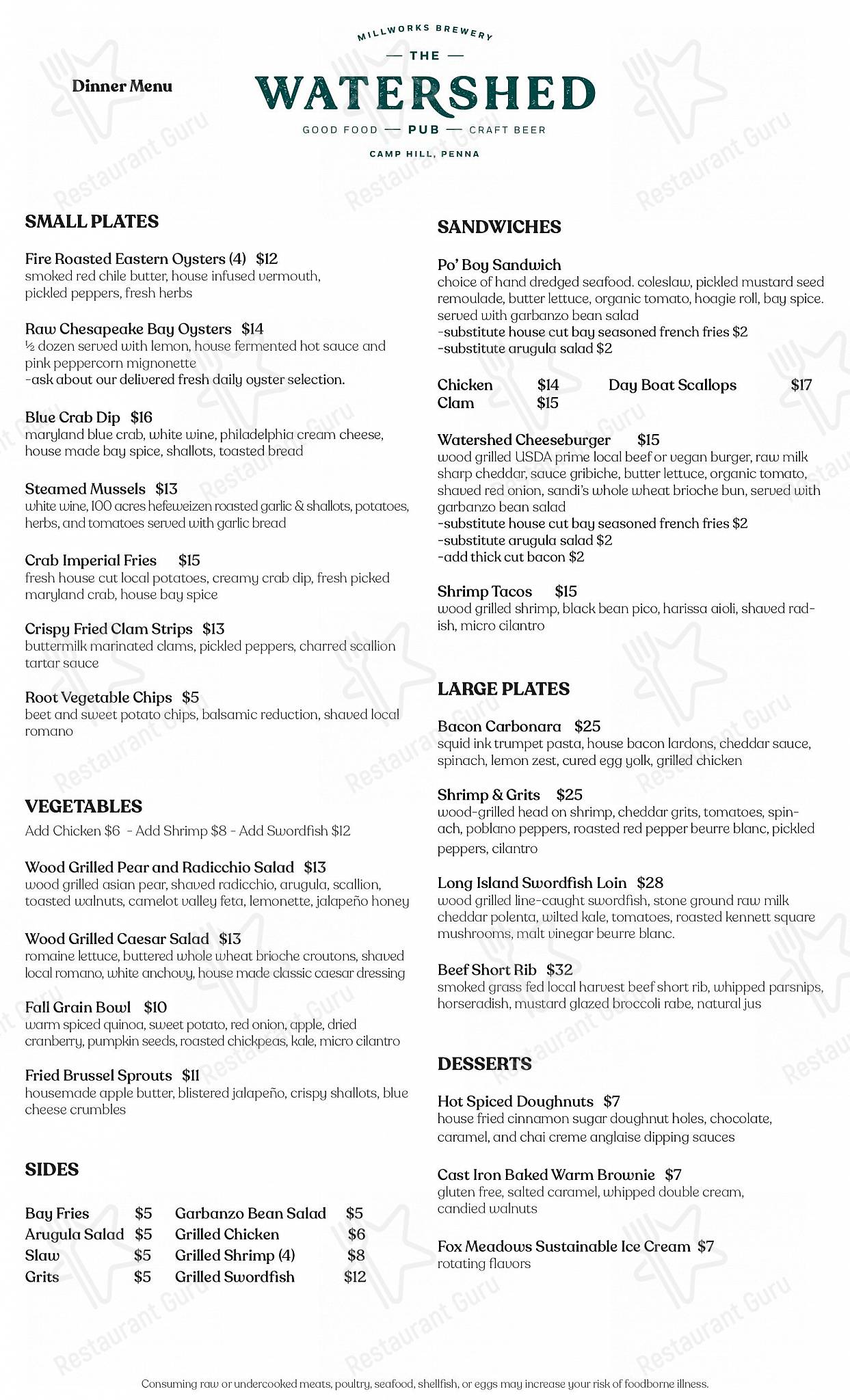 Menu at The Watershed Pub, Camp Hill