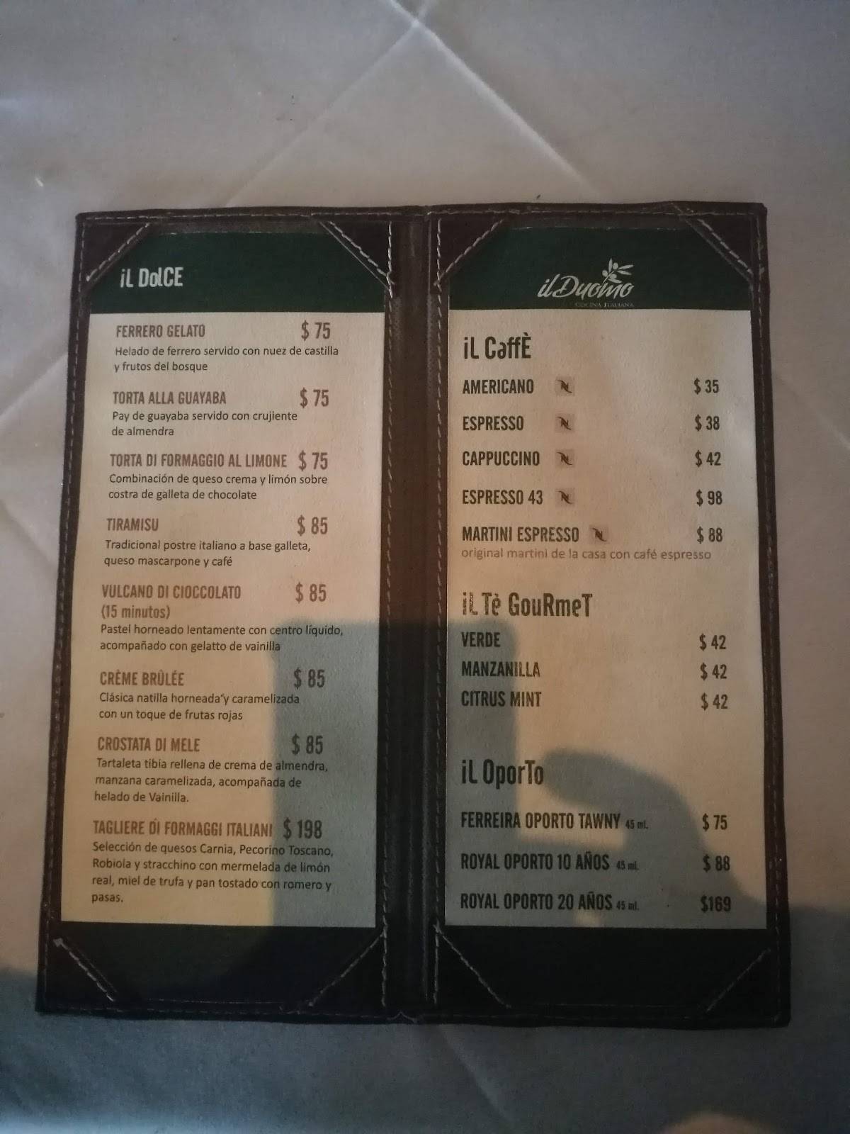Carta del restaurante Il Duomo, Guadalajara
