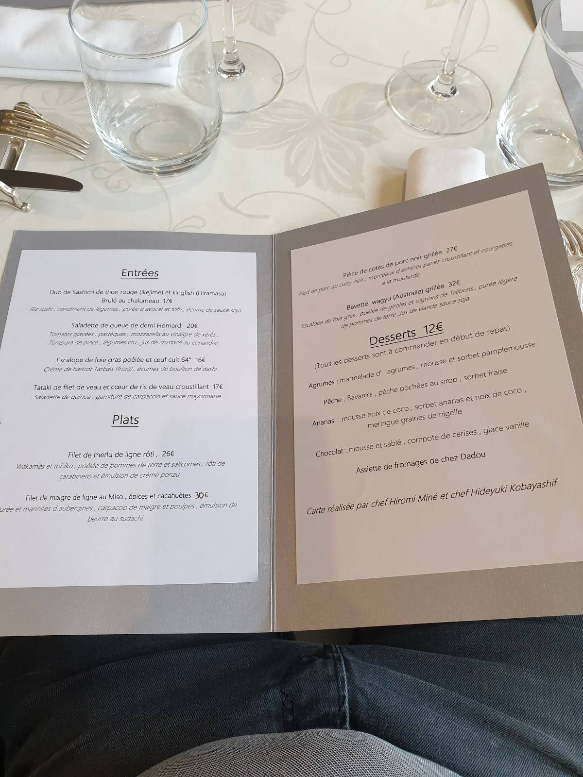 Menu au l'Arpège restaurant, Tarbes