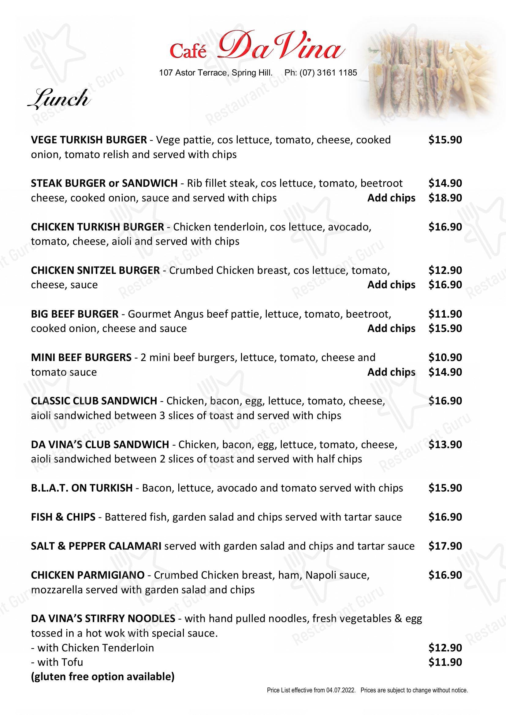 Menu at Cafe Da Vina, Spring Hill