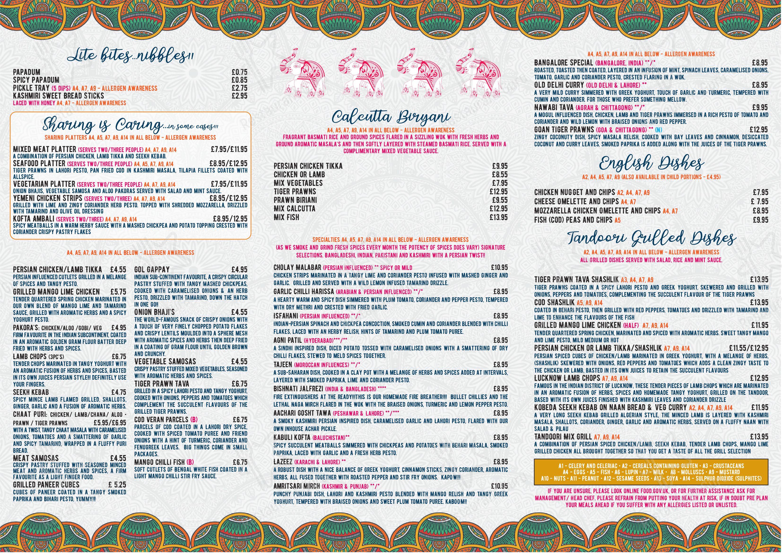 Carta de Pink Elephant Restaurant, Holmfirth, 4 Holmfirth Rd
