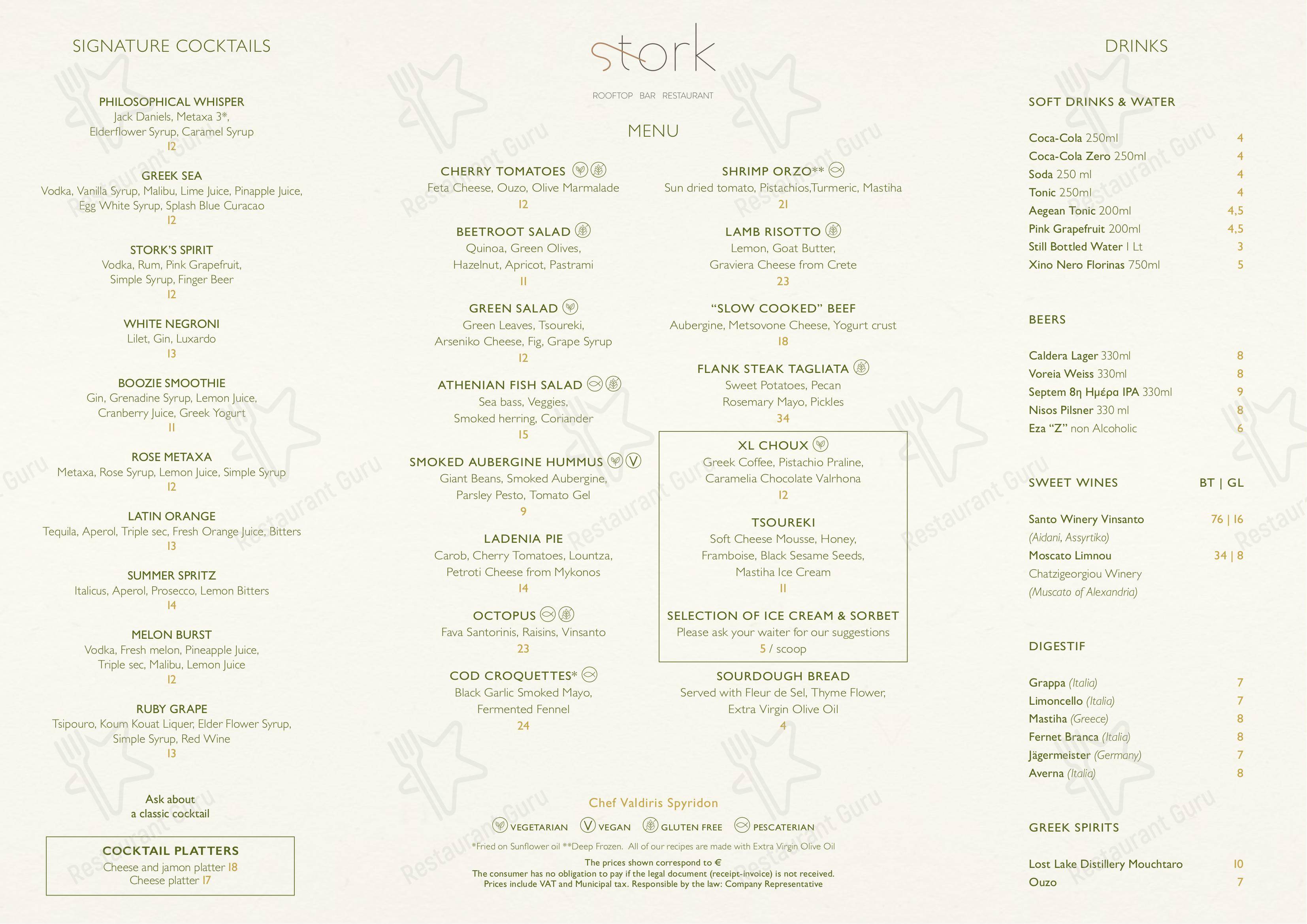 Menu at stork rooftop bar restaurant, Athens