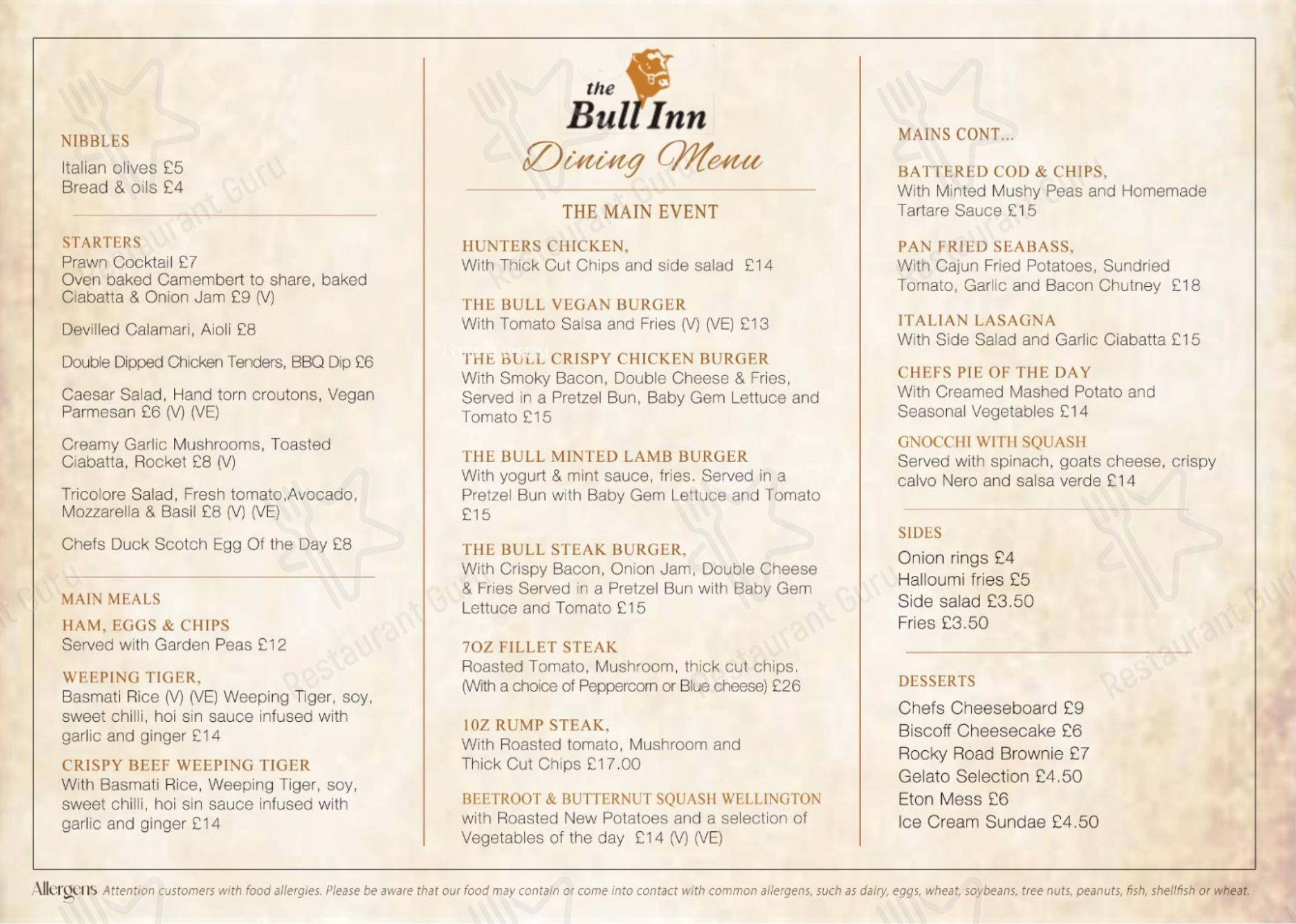 Menu at The Bull Inn pub & bar, Reading, The Bull Inn