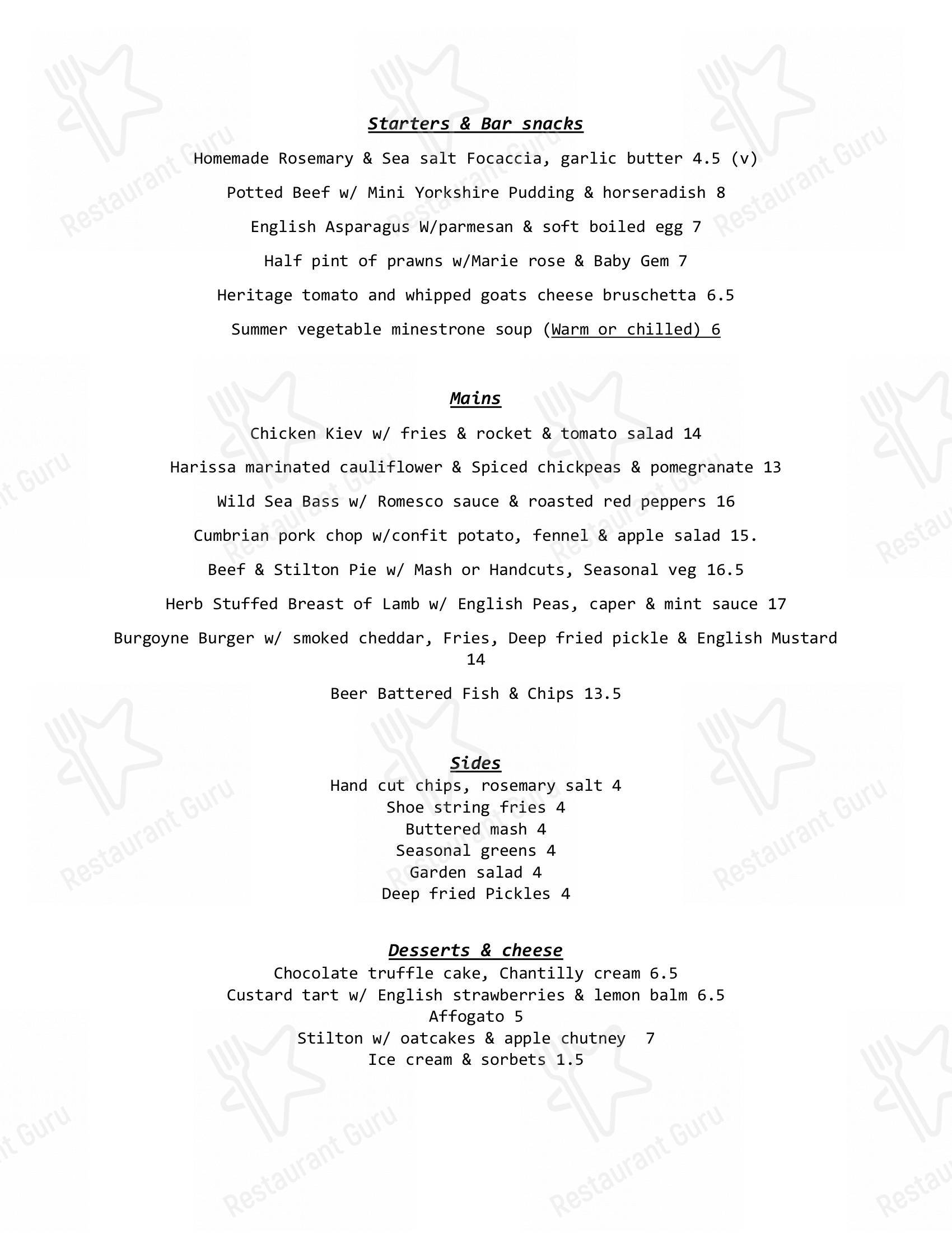 Menu at General Burgoyne, Great Urswick restaurant, Ulverston