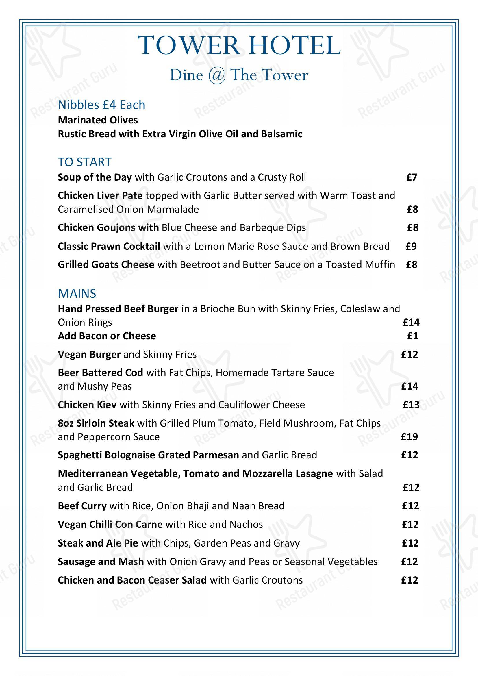 Menu at The Tower Hotel restaurant, Harwich
