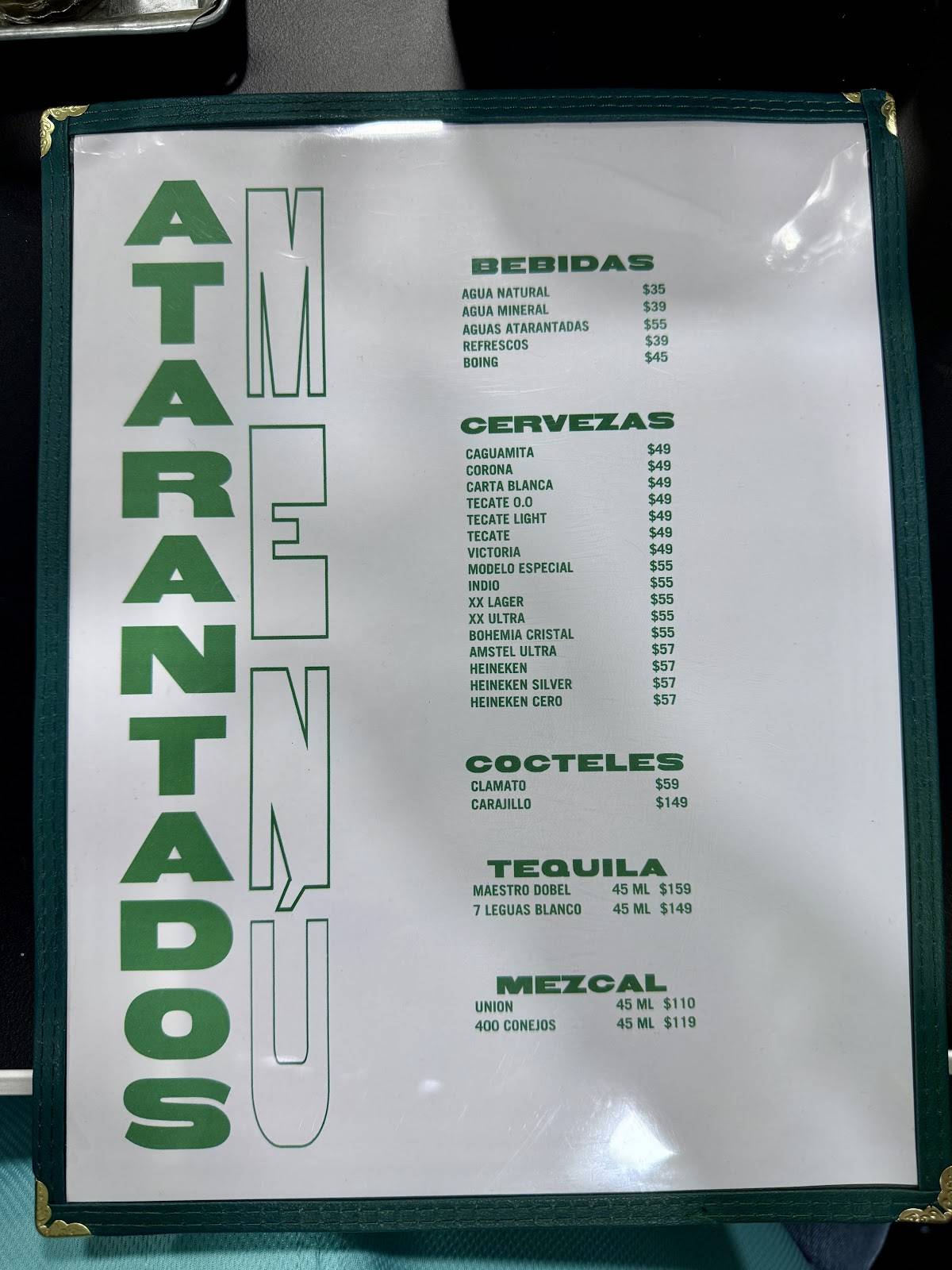 Menu at Tacos Atarantados restaurant, Mexico City