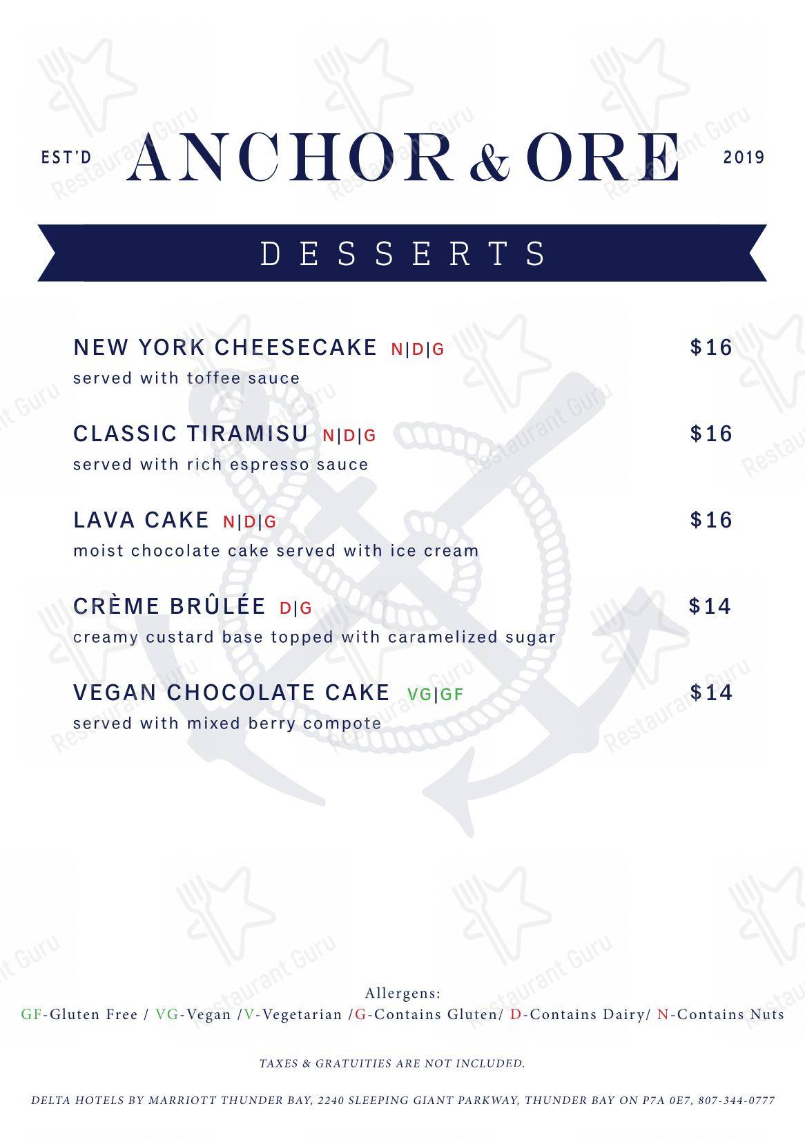 Menu at Anchor & Ore restaurant, Thunder Bay, Sleeping Giant Pkwy