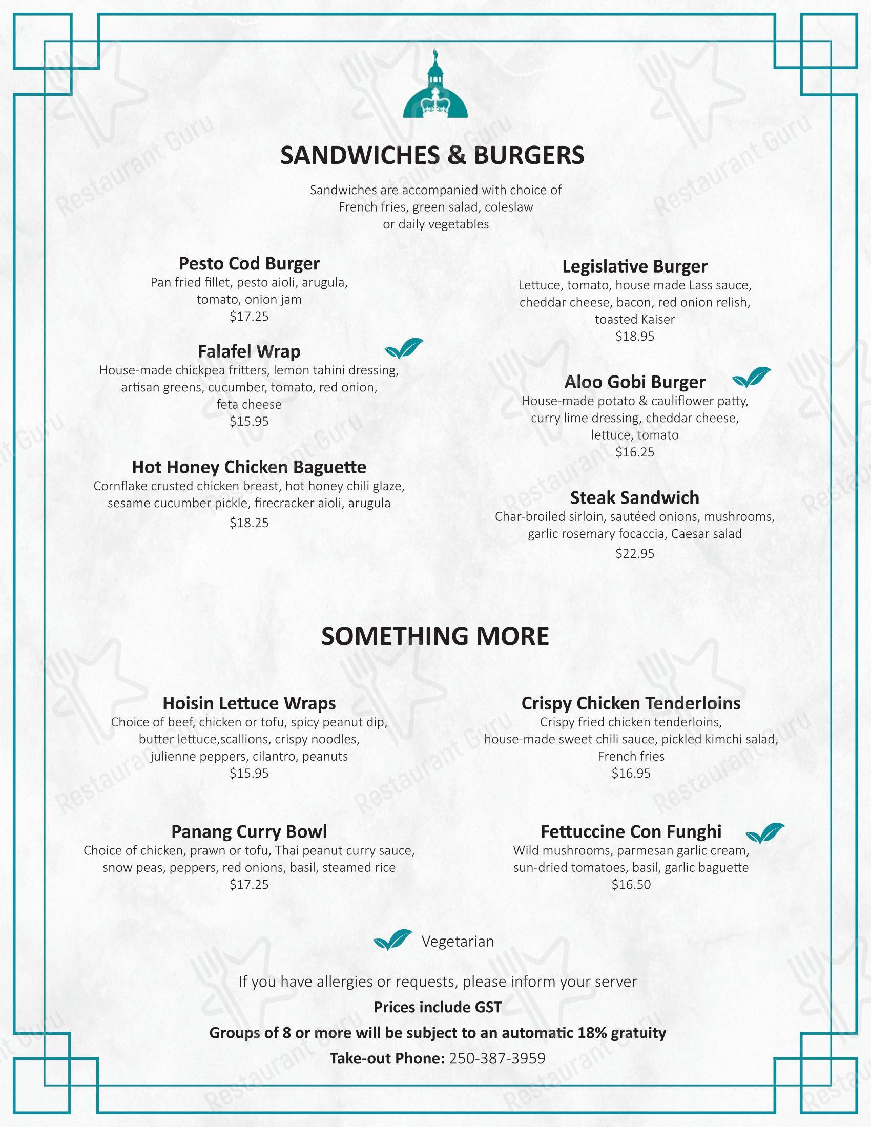 Menu at BC Legislative Dining Room restaurant, Victoria