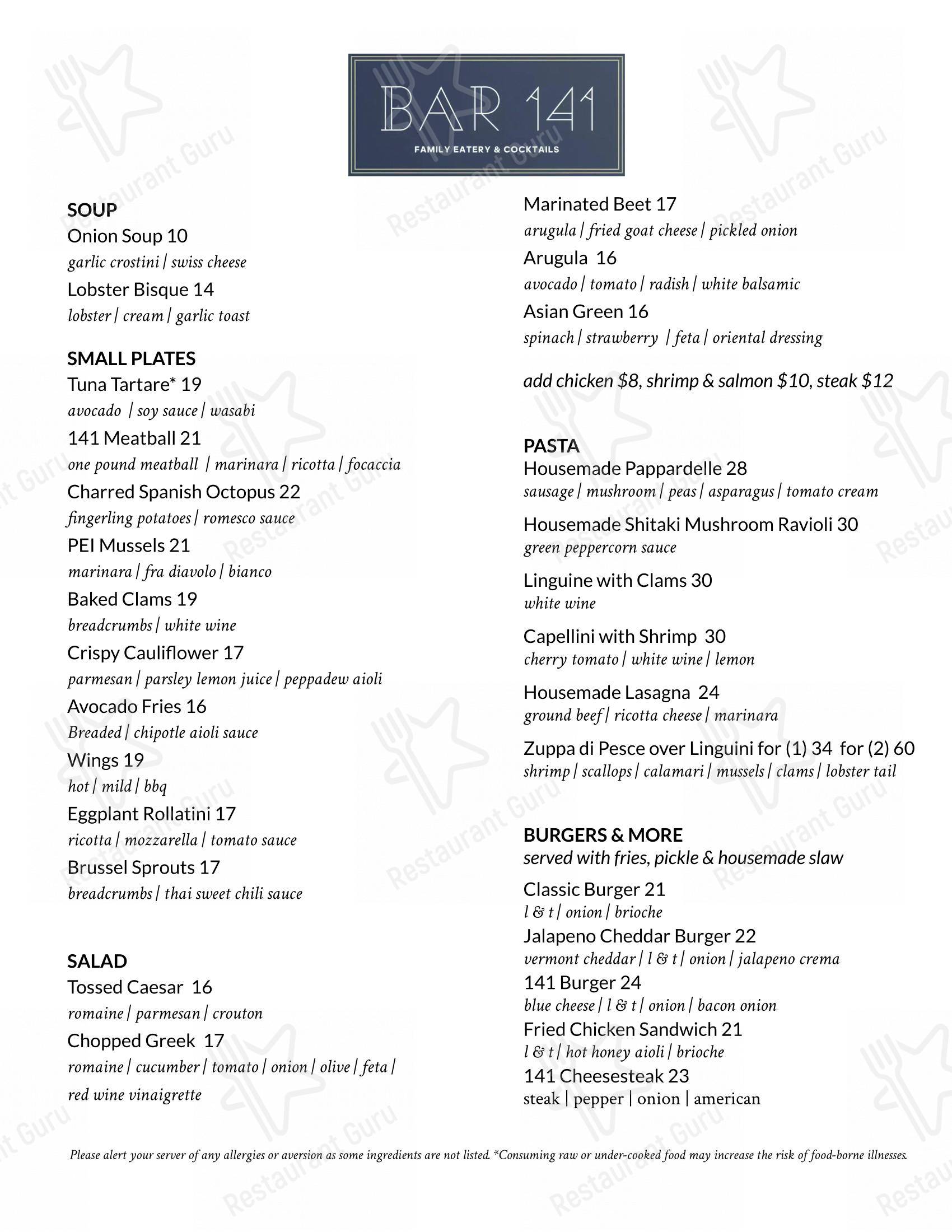 Menu at Bar 141, Thornwood