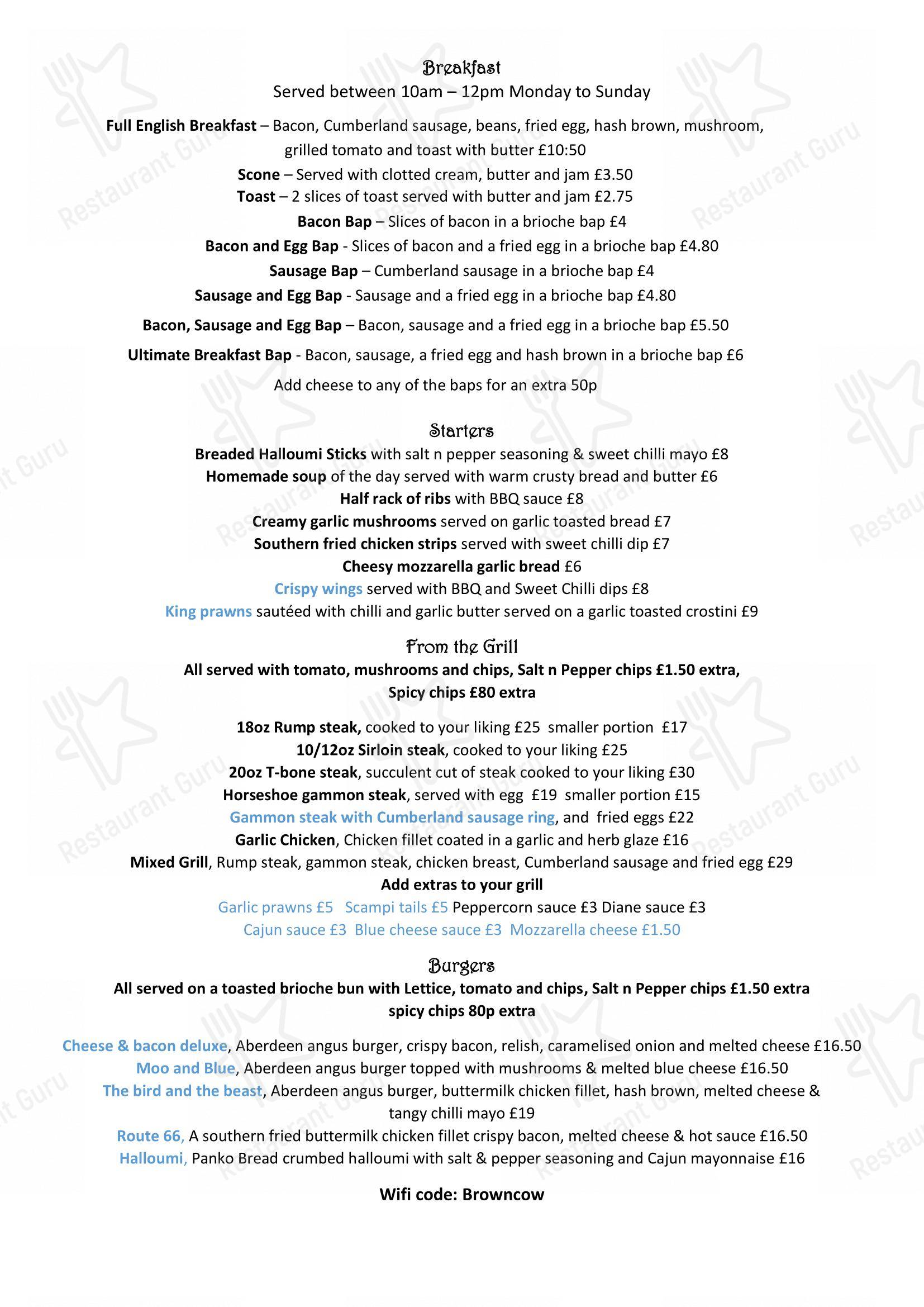 Menu at Brown Cow pub & bar, Dalton-in-Furness