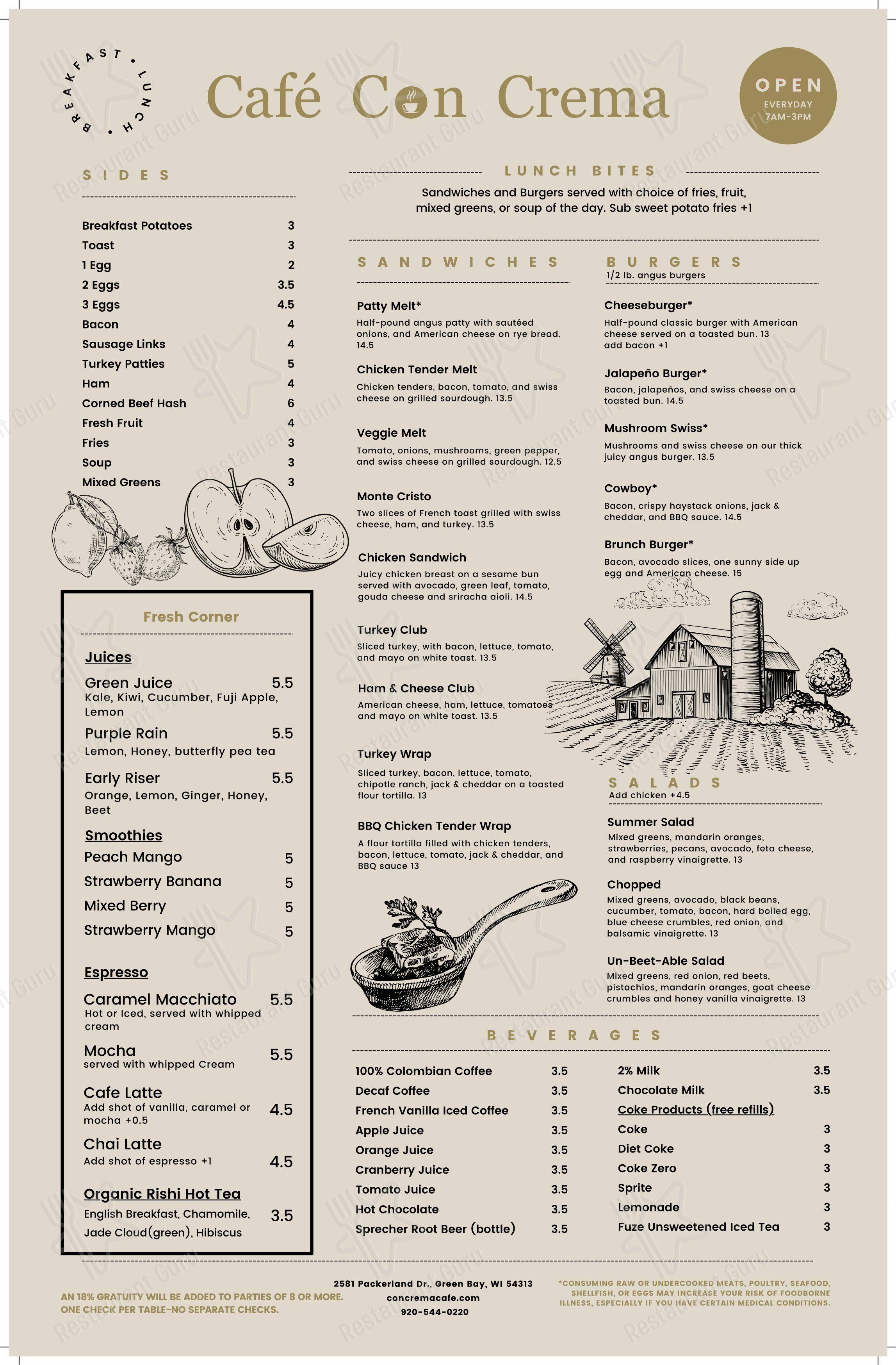 Menu at Café Con Crema restaurant, Green Bay