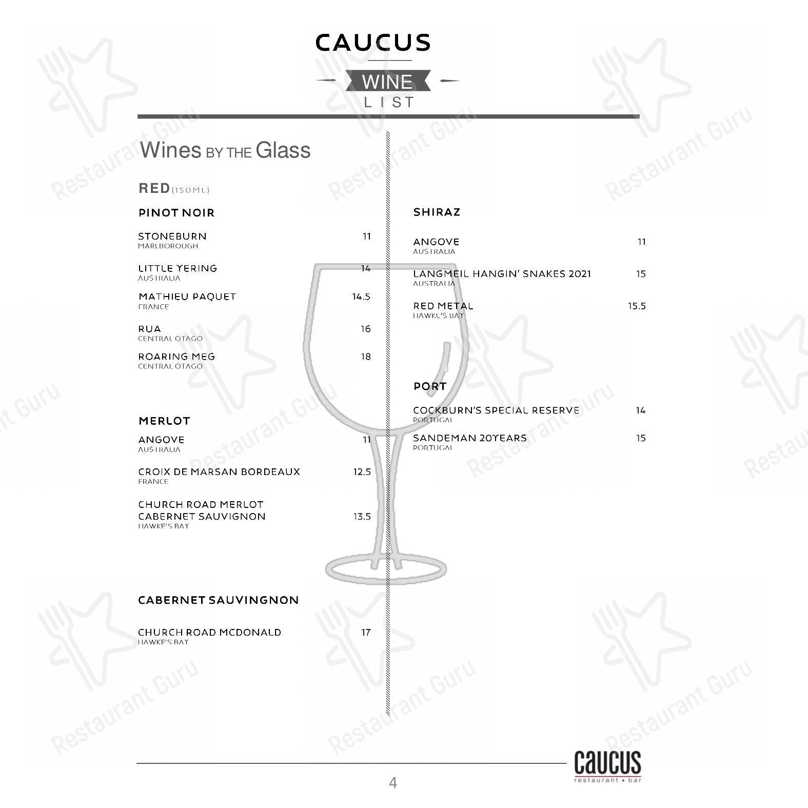 Menu at Caucus Restaurant, Wellington