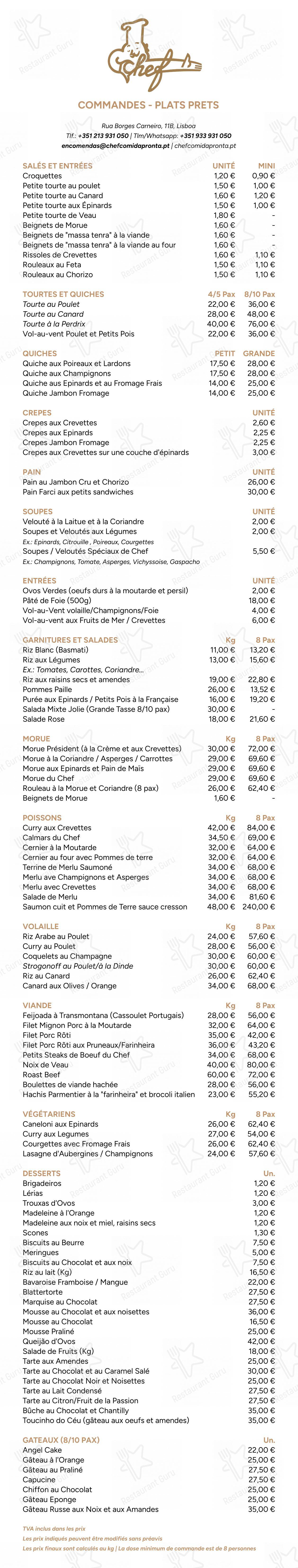 Menu em Chef Comida Pronta restaurante de fast food, Lisboa