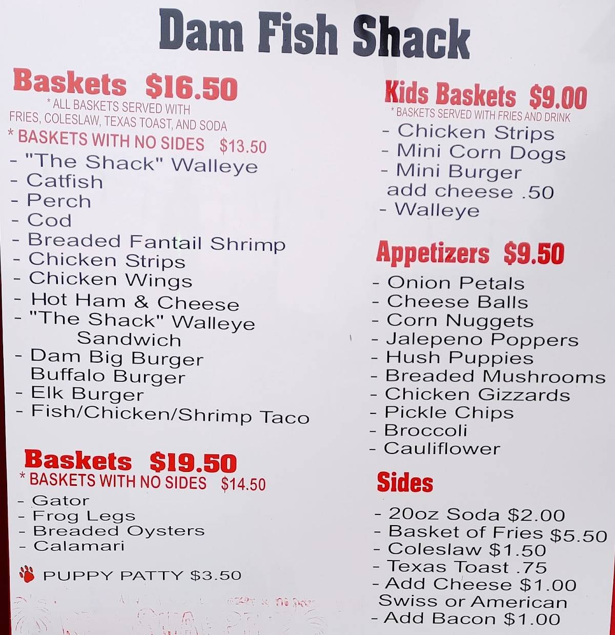 Menu at Dam Fish Shack restaurant, USA, Highway 121