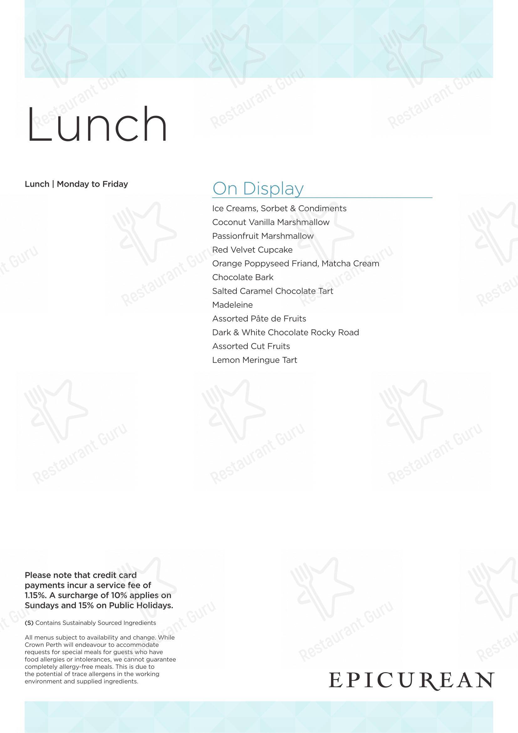 Menu at Epicurean restaurant, Burswood