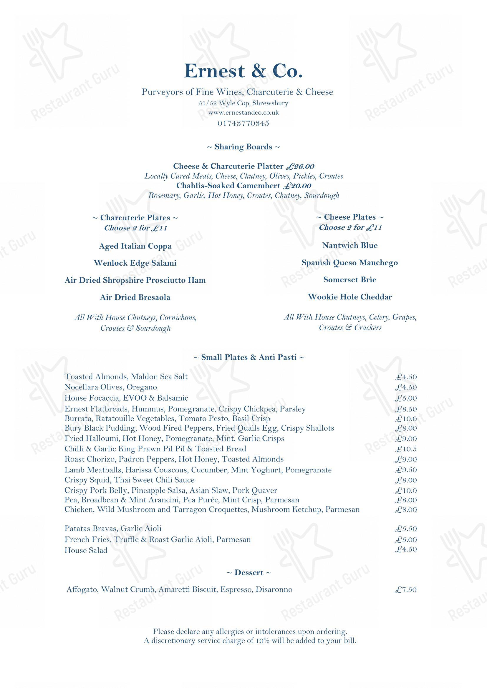 Menu at Ernest & Co pub & bar, Shrewsbury