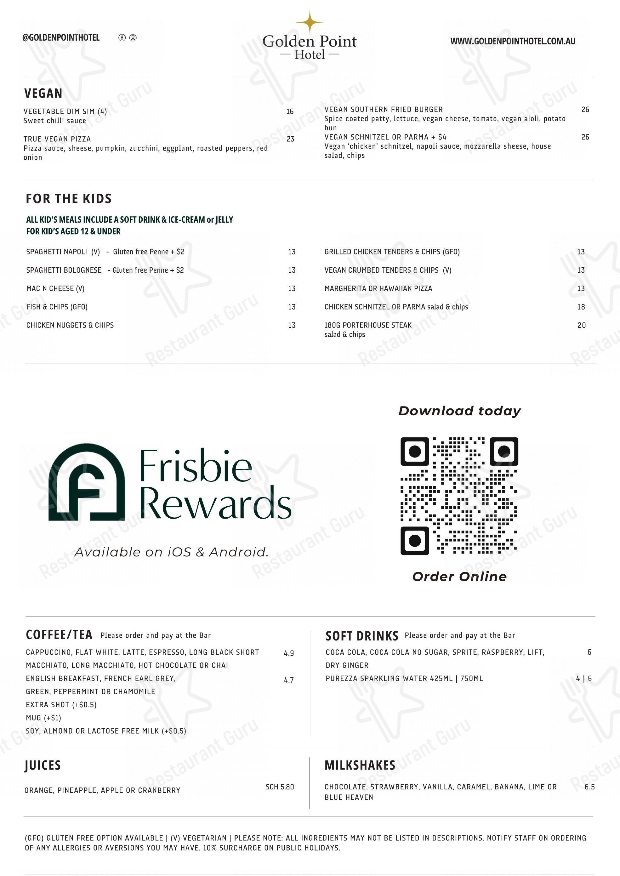 Menu at Golden Point Hotel pub & bar, Golden Point
