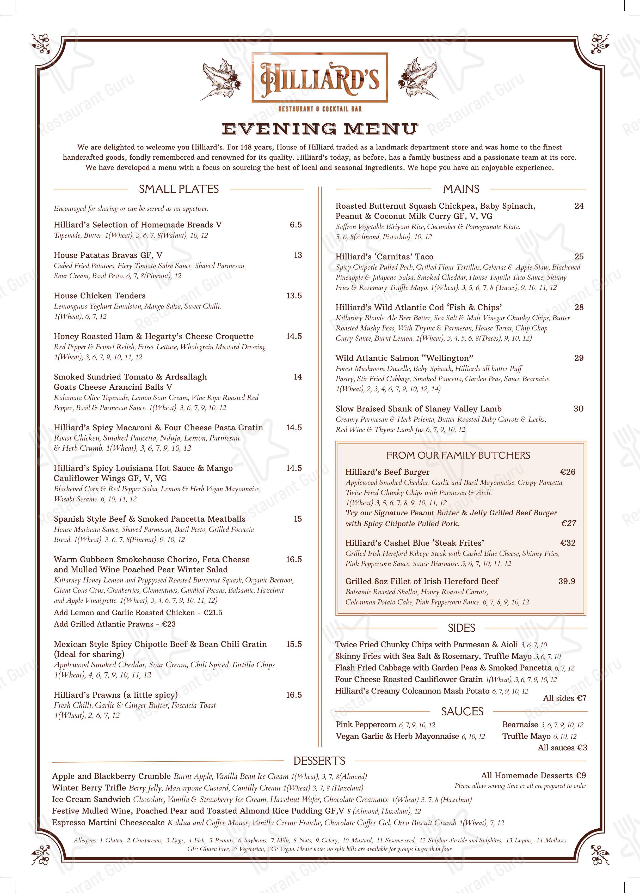 Menu at Hilliard's Killarney restaurant, Killarney