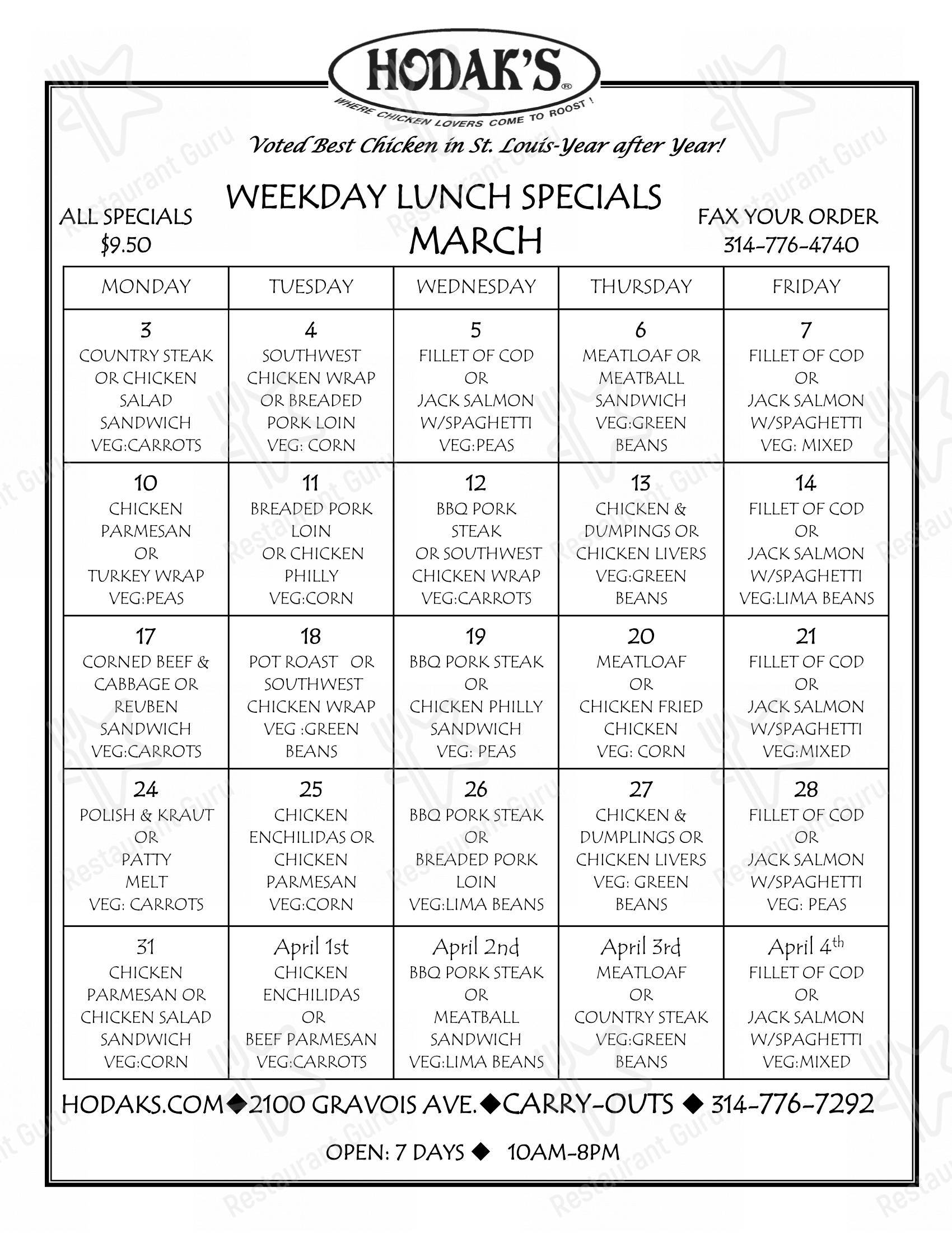 Menu at Hodak's Restaurant & Bar, St. Louis