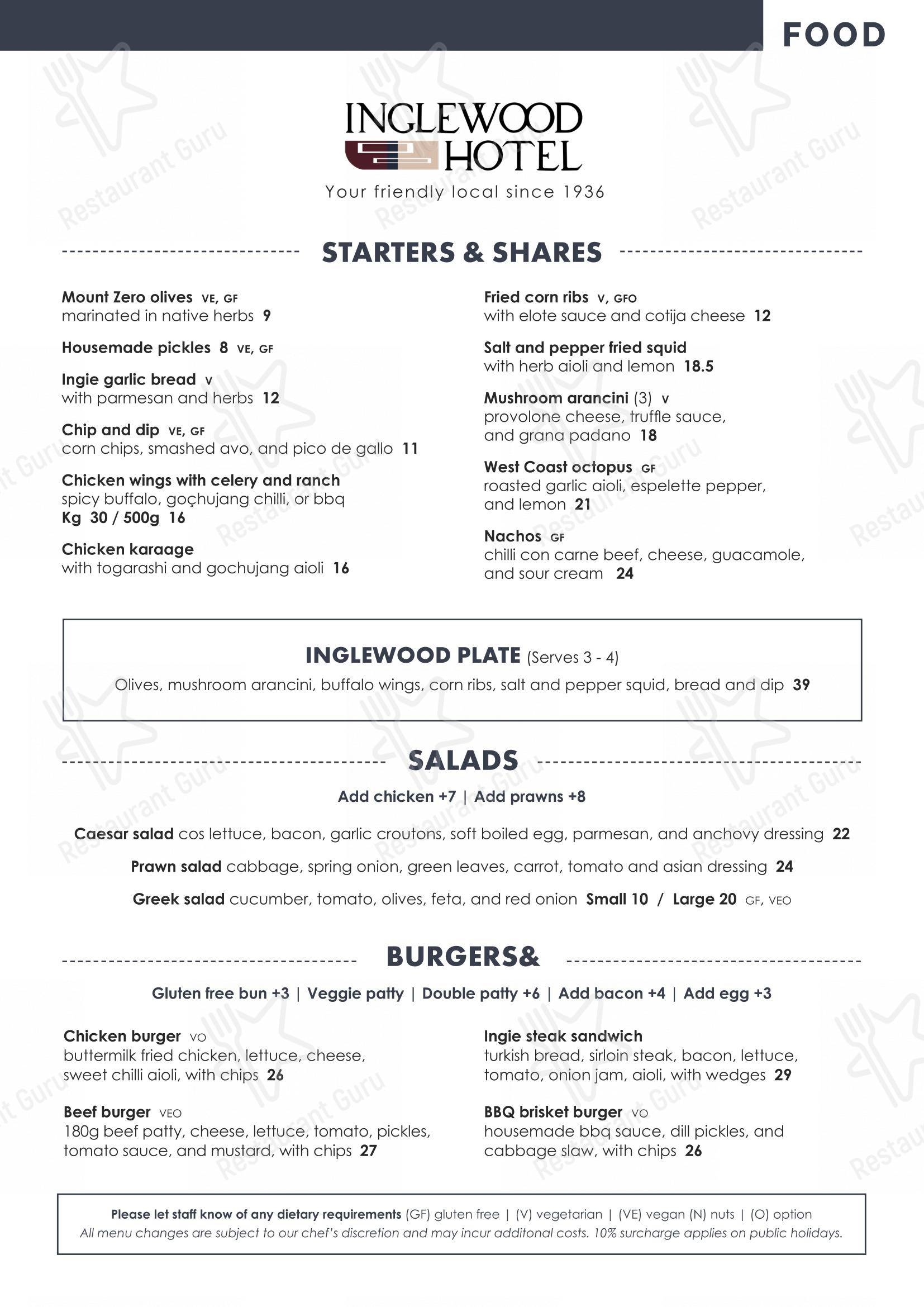 Menu at Inglewood Hotel Perth pub & bar, Mount Lawley