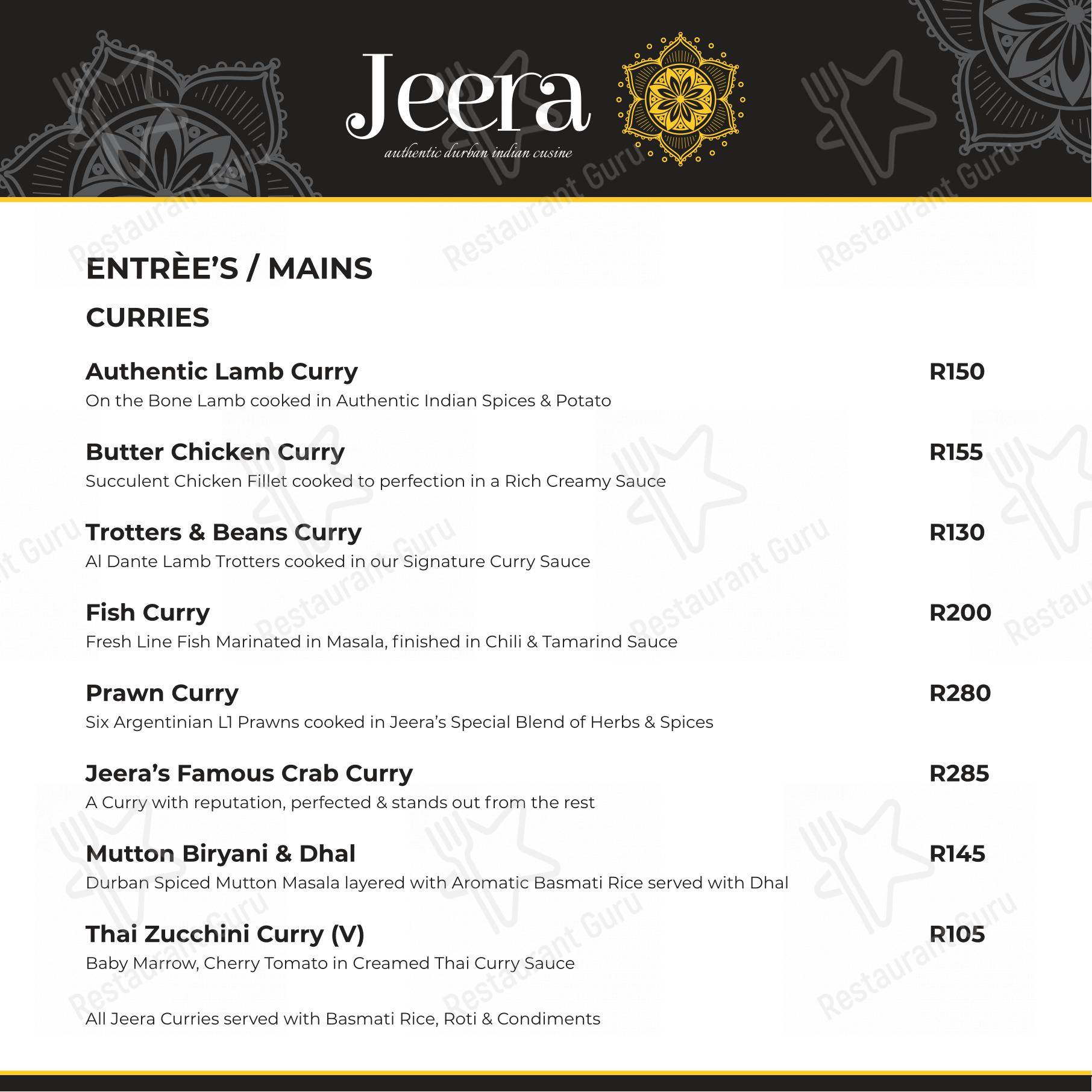 Menu at Jeera restaurant, Durban, Suncoast Towers