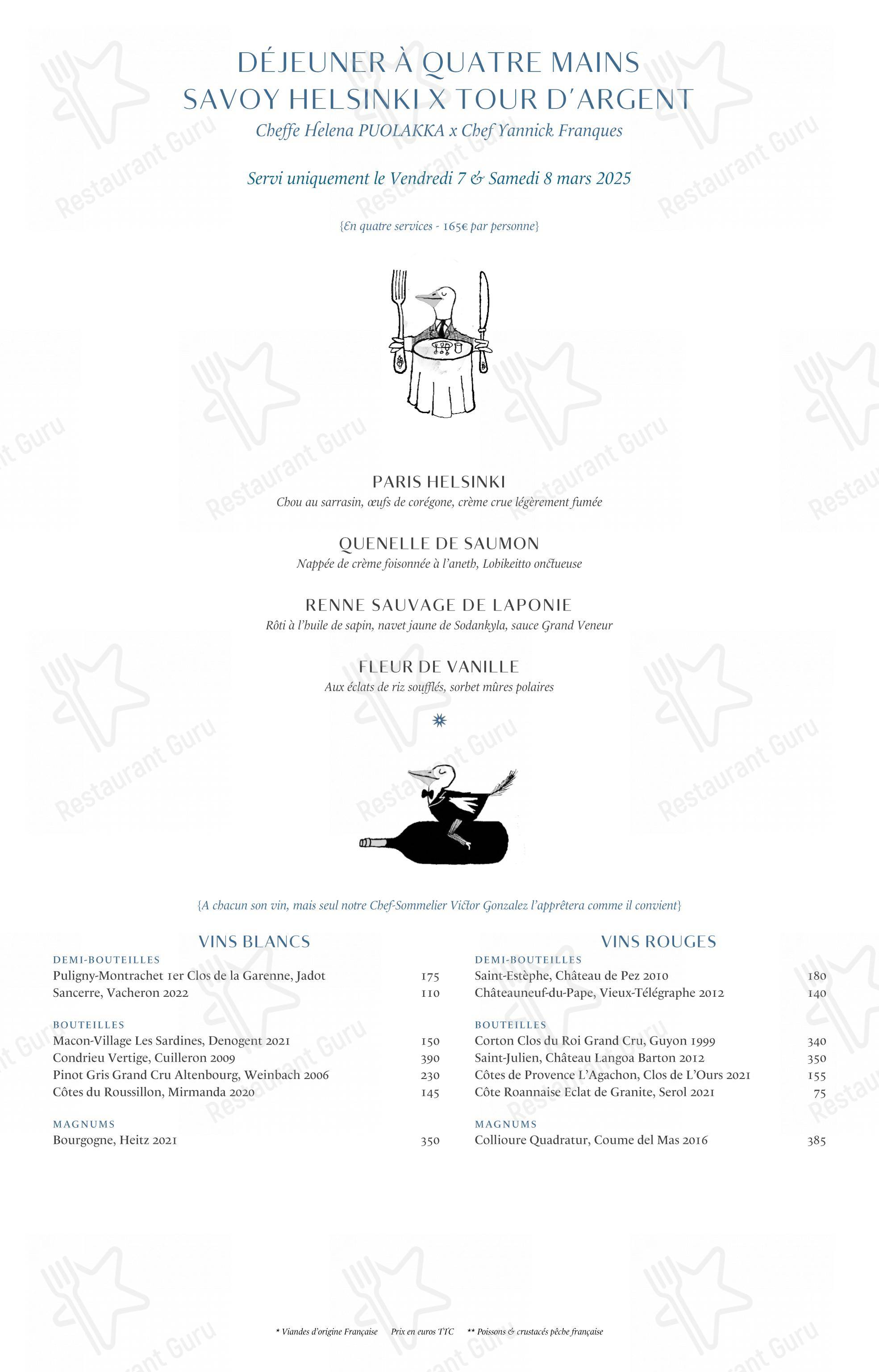 Menu at La Tour d'Argent restaurant, Paris, 15 Quai de la Tournelle