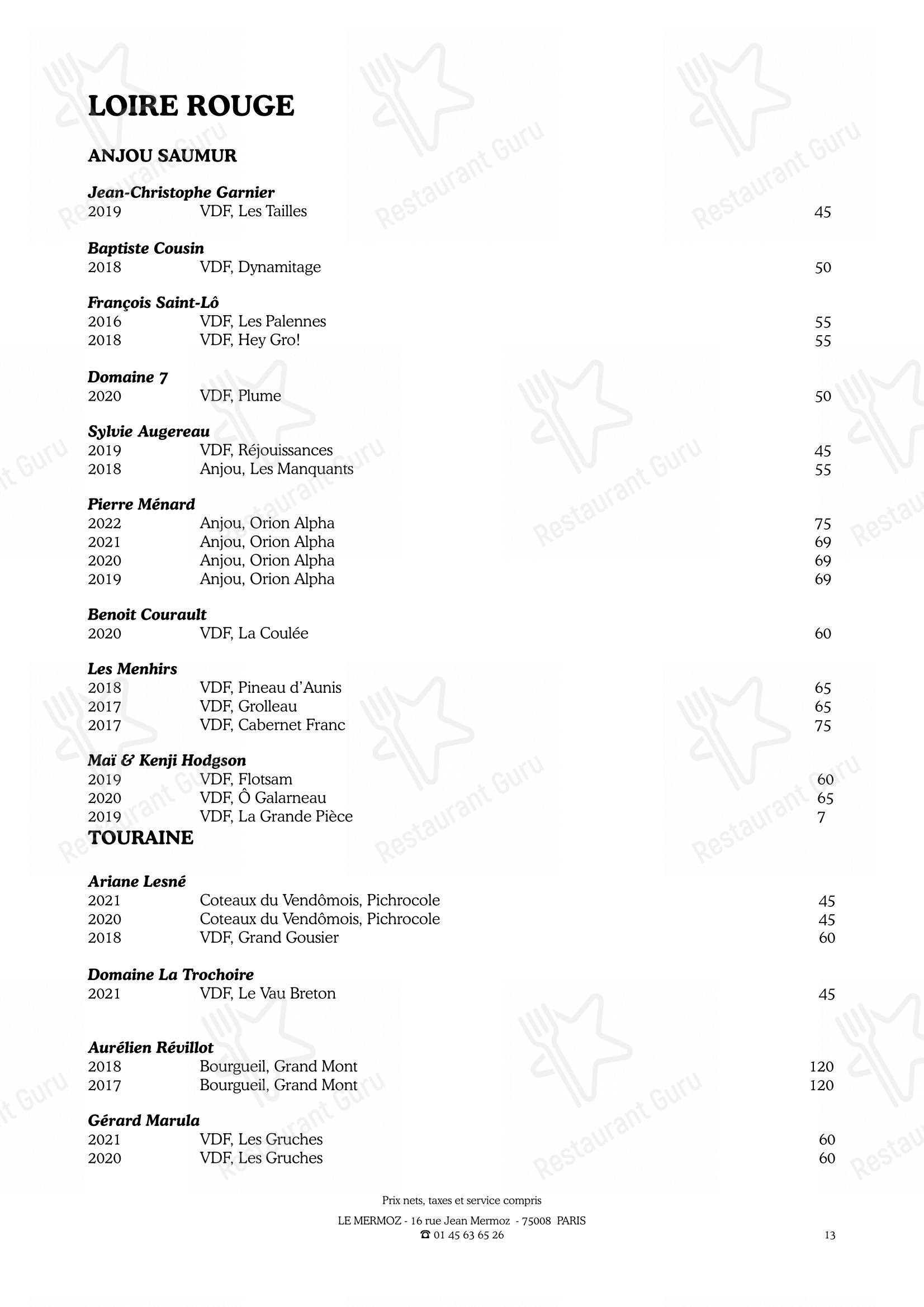 Menu au Le Mermoz restaurant, Paris, 16 Rue Jean Mermoz