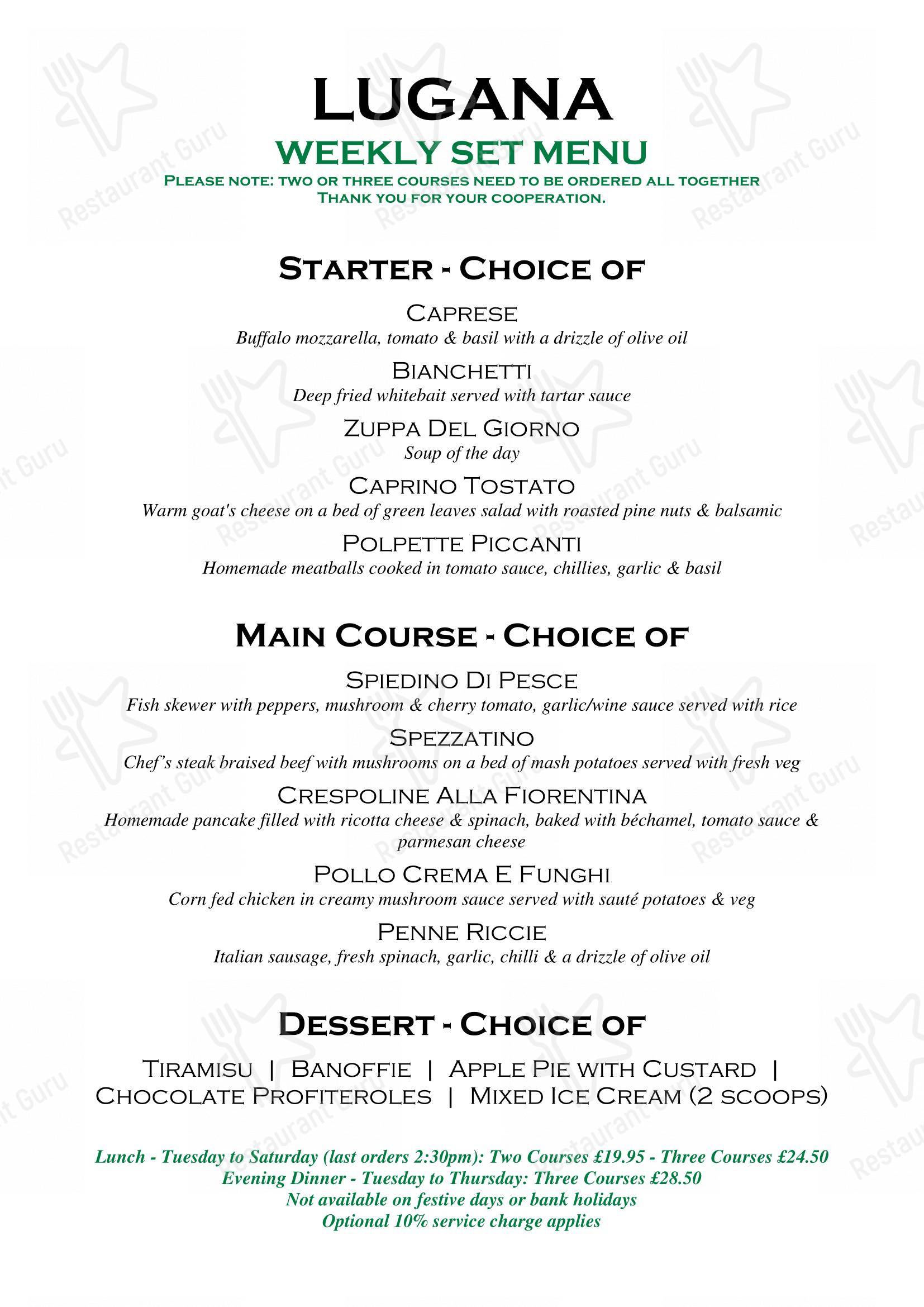 Menu at Lugana restaurant, Beckenham