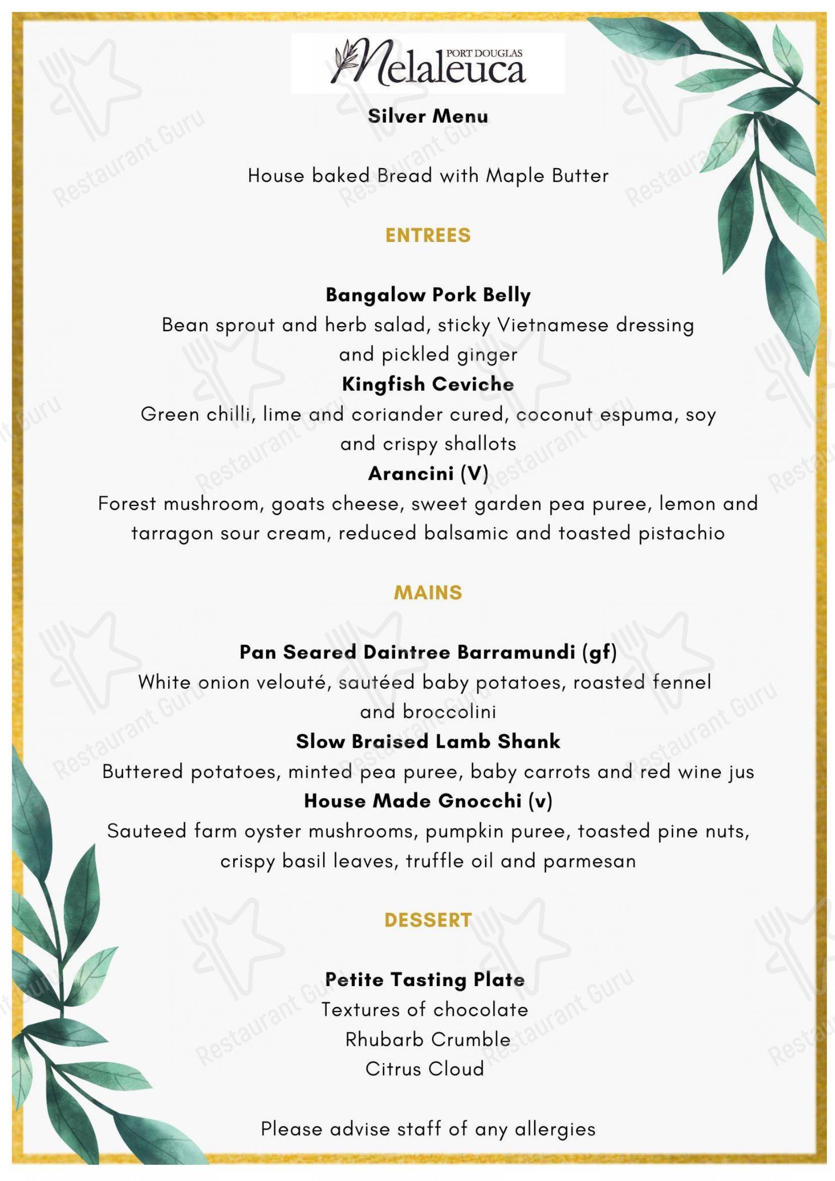 Menu at Melaleuca restaurant, Port Douglas