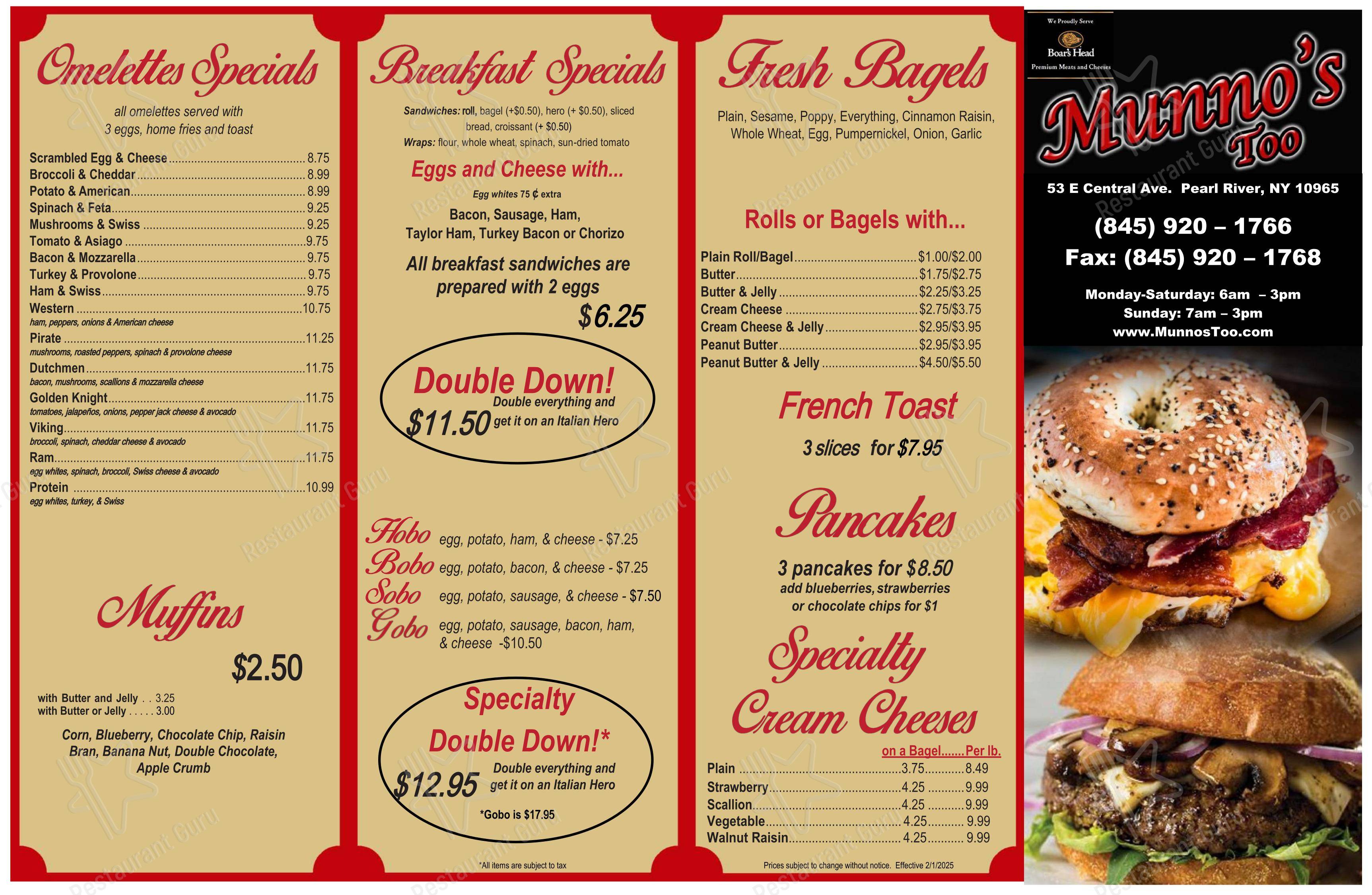 Menu at Munno's too restaurant, Pearl River