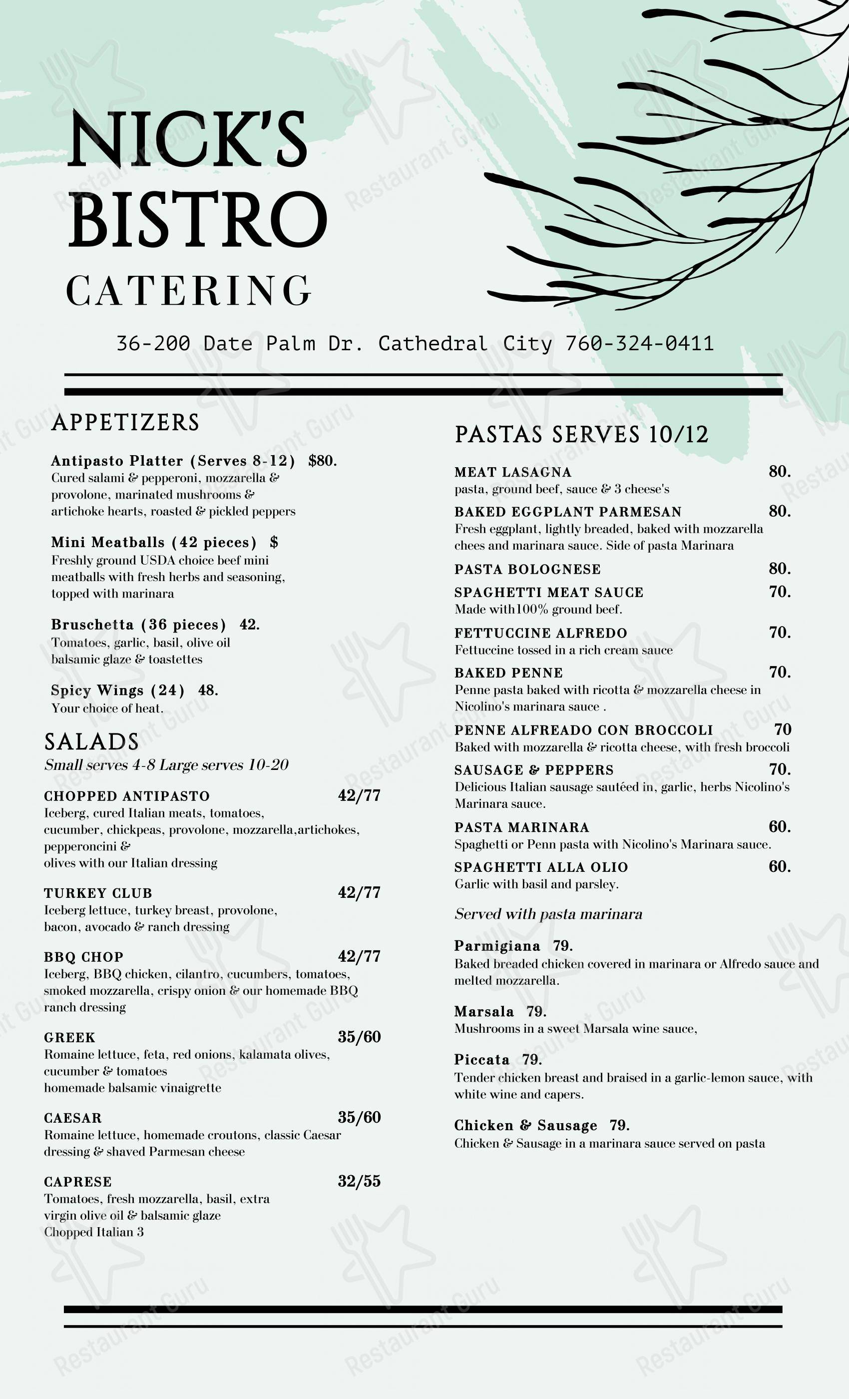 Menu at Nick's Italian Bistro restaurant, Cathedral City