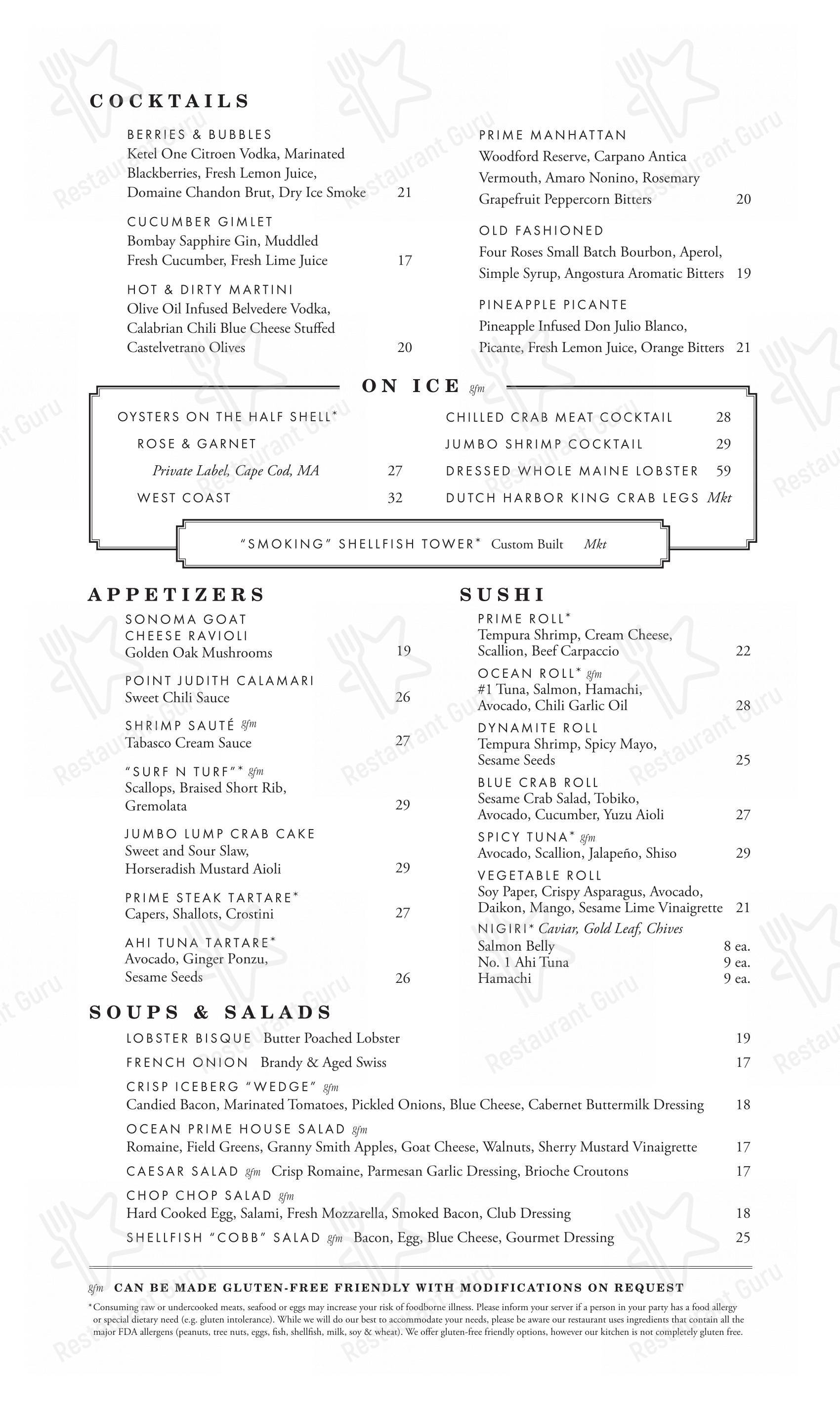 Menu at Ocean Prime steakhouse, Philadelphia
