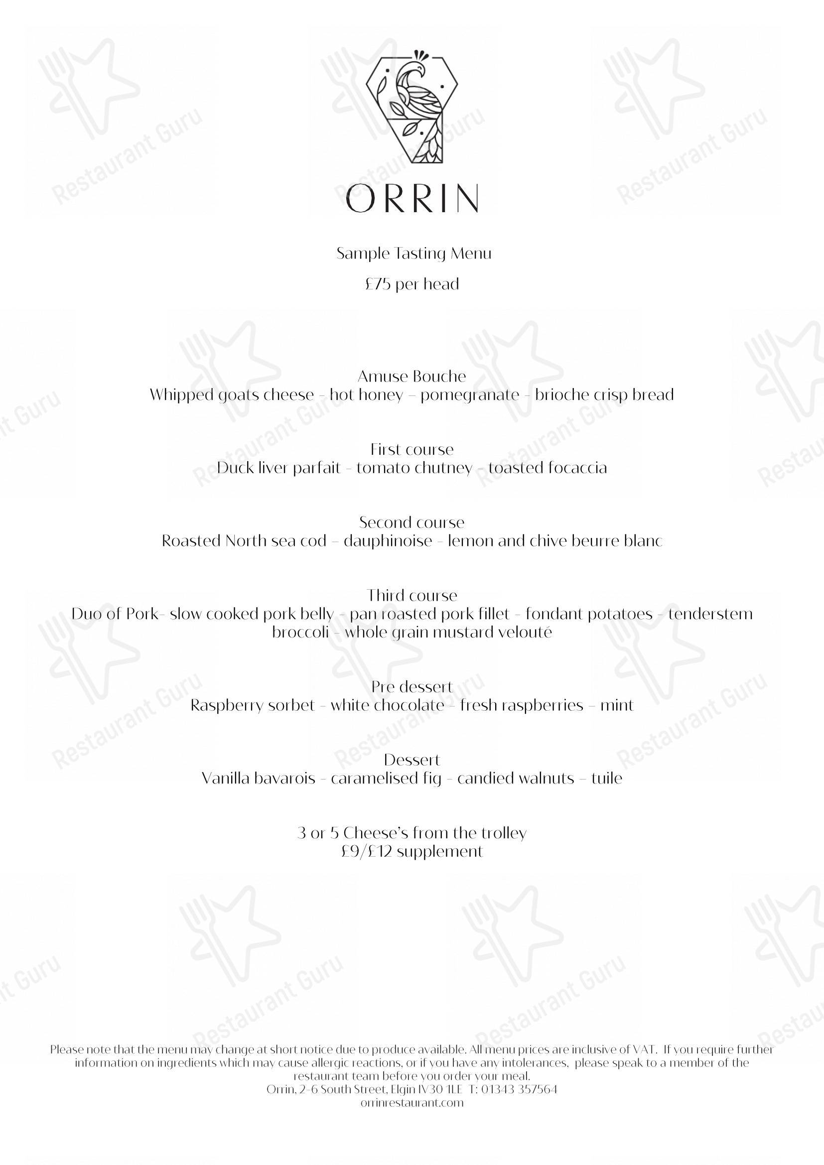 Menu at Orrin Restaurant & Bar, Elgin