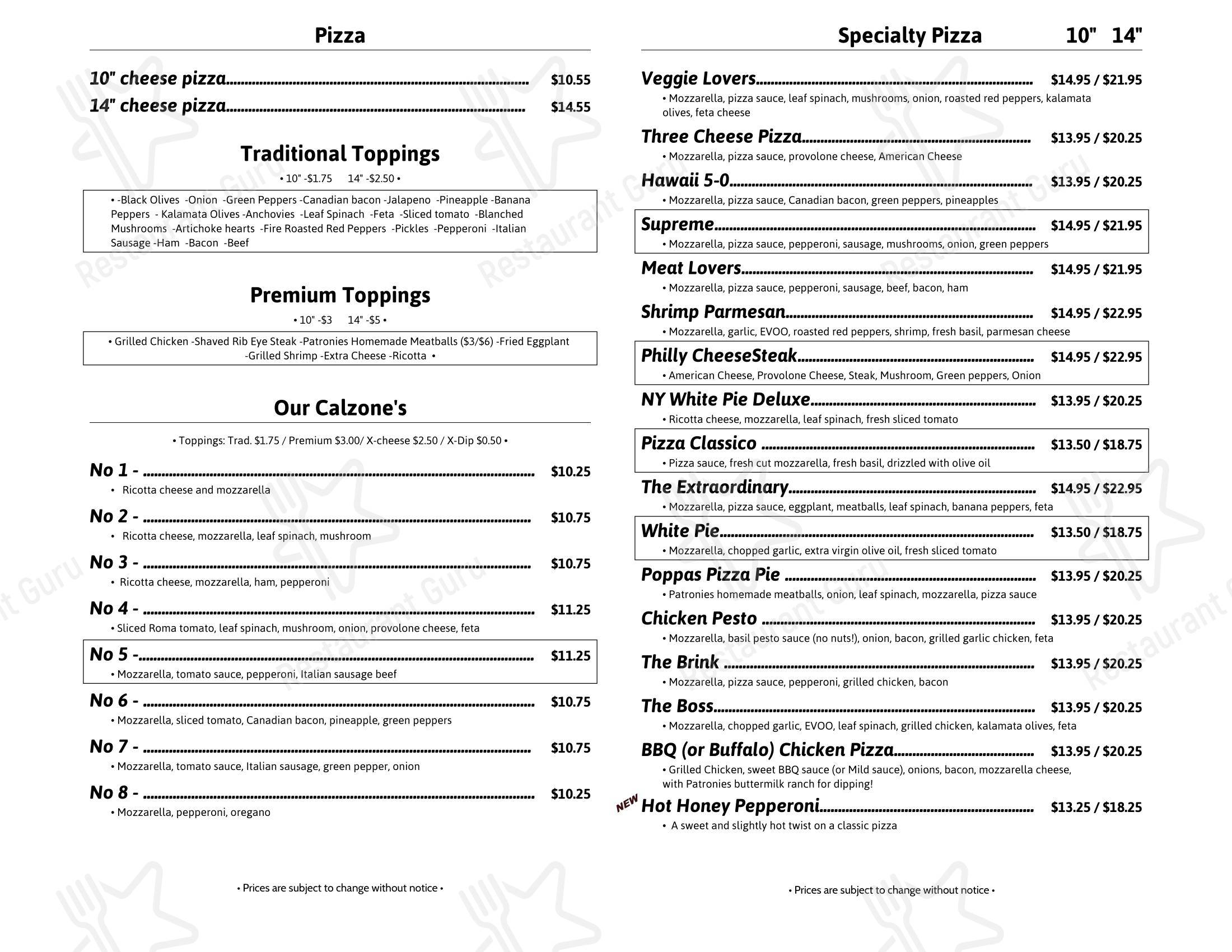 Menu at Patronies Pizza pizzeria, Holden Beach, Holden Beach Rd SW