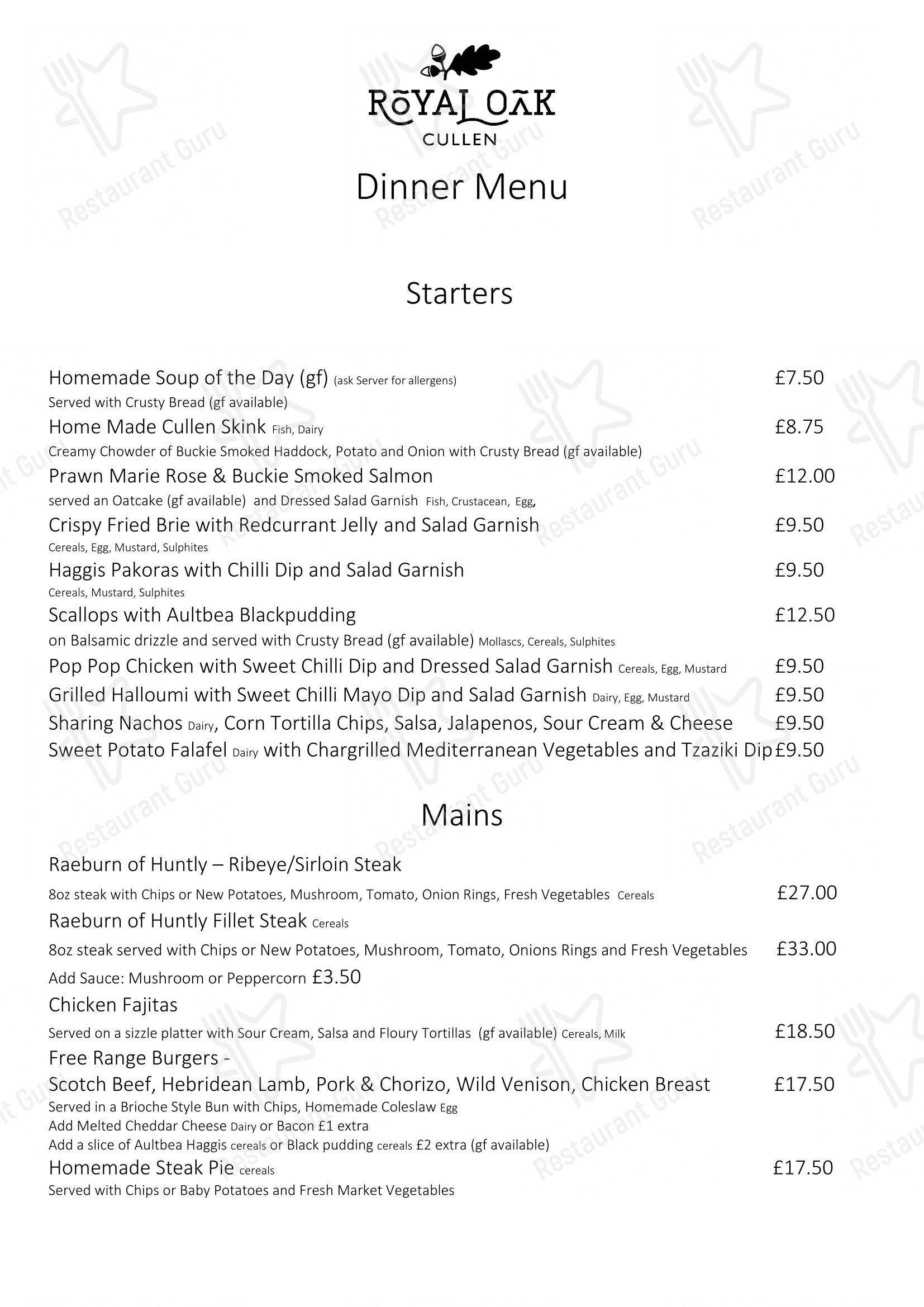 Menu at Royal Oak Hotel pub & bar, Cullen