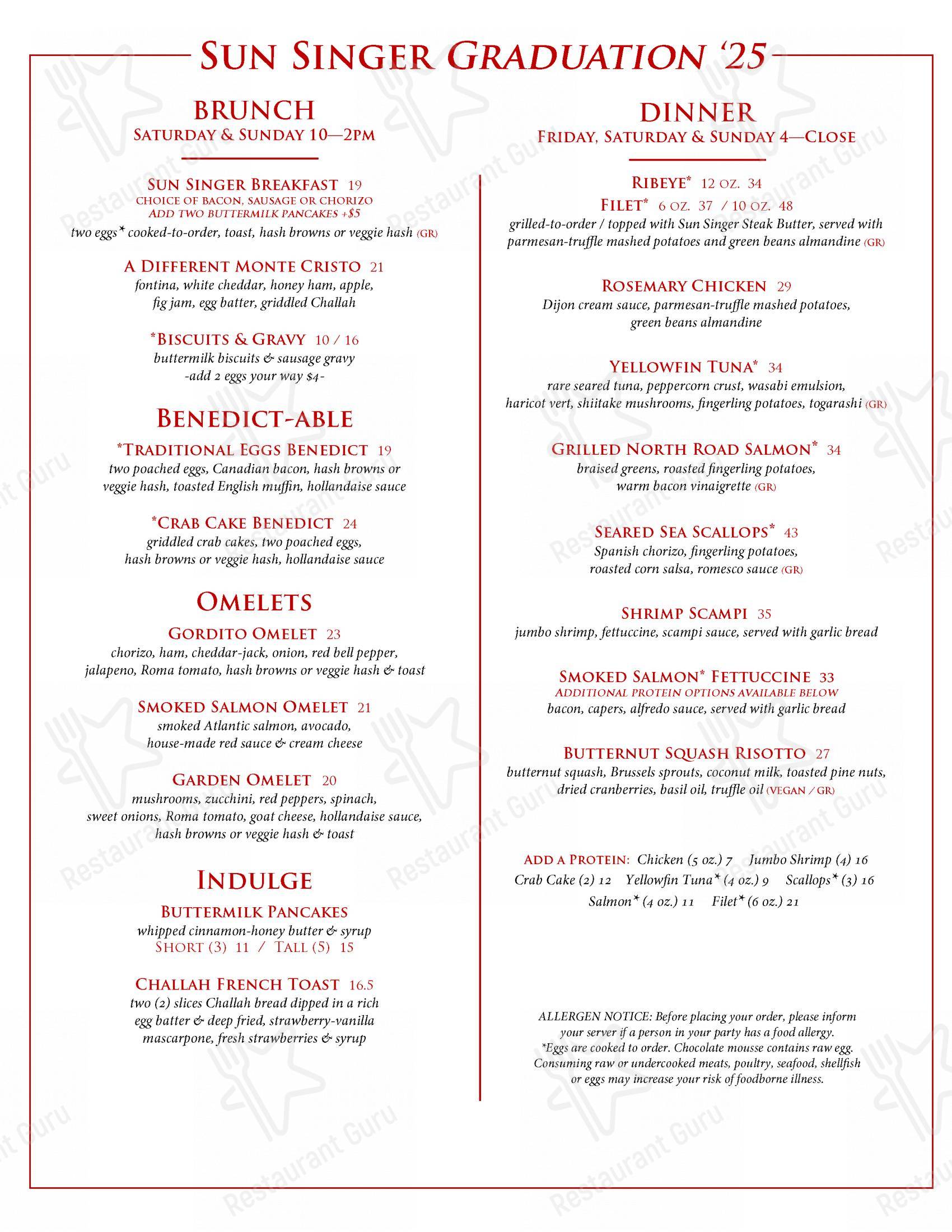 Menu at Sun Singer Restaurant, Wine & Spirits, Champaign